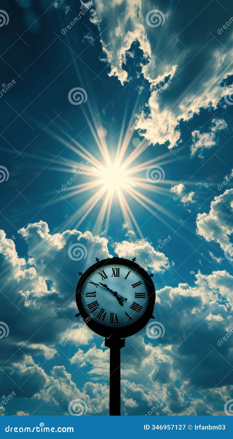 Clock Face Against a Blue Sky with Sun Rays Stock Image - Image of time ...