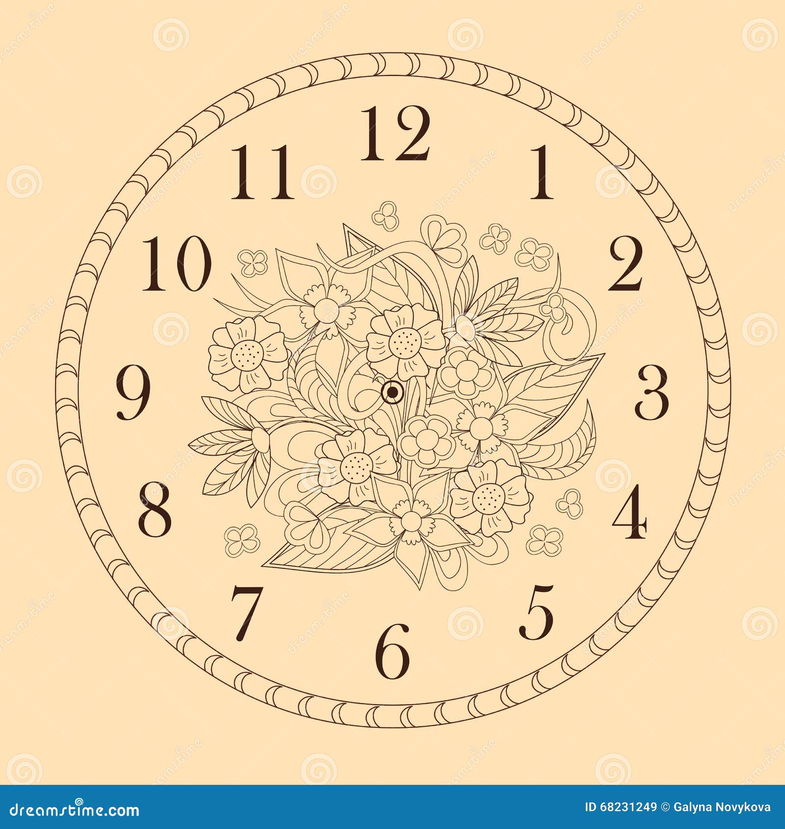 Clock Face Decorated with Doodle Flowers Stock Vector - Illustration of ...