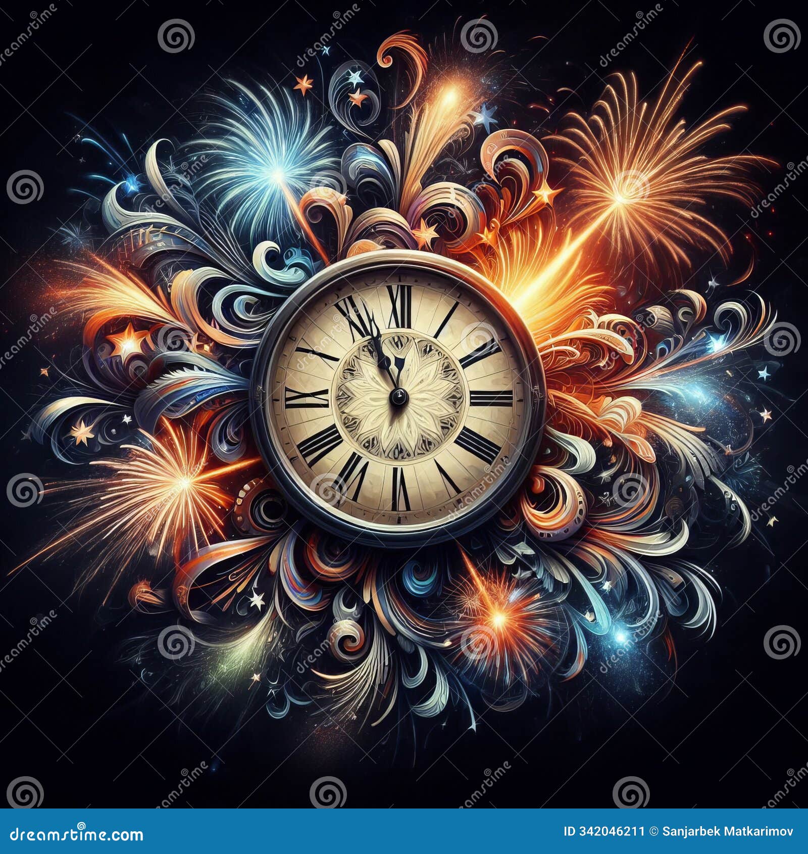 Clock Face with Fireworks a Stylized Clock Face with Fireworks E Stock ...