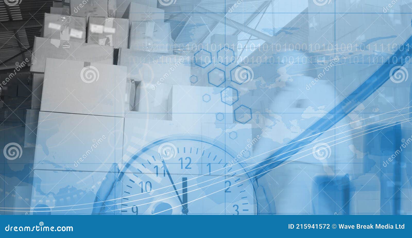 Clock Face Over Warehouse and Delivery Packages Background, Delivery ...