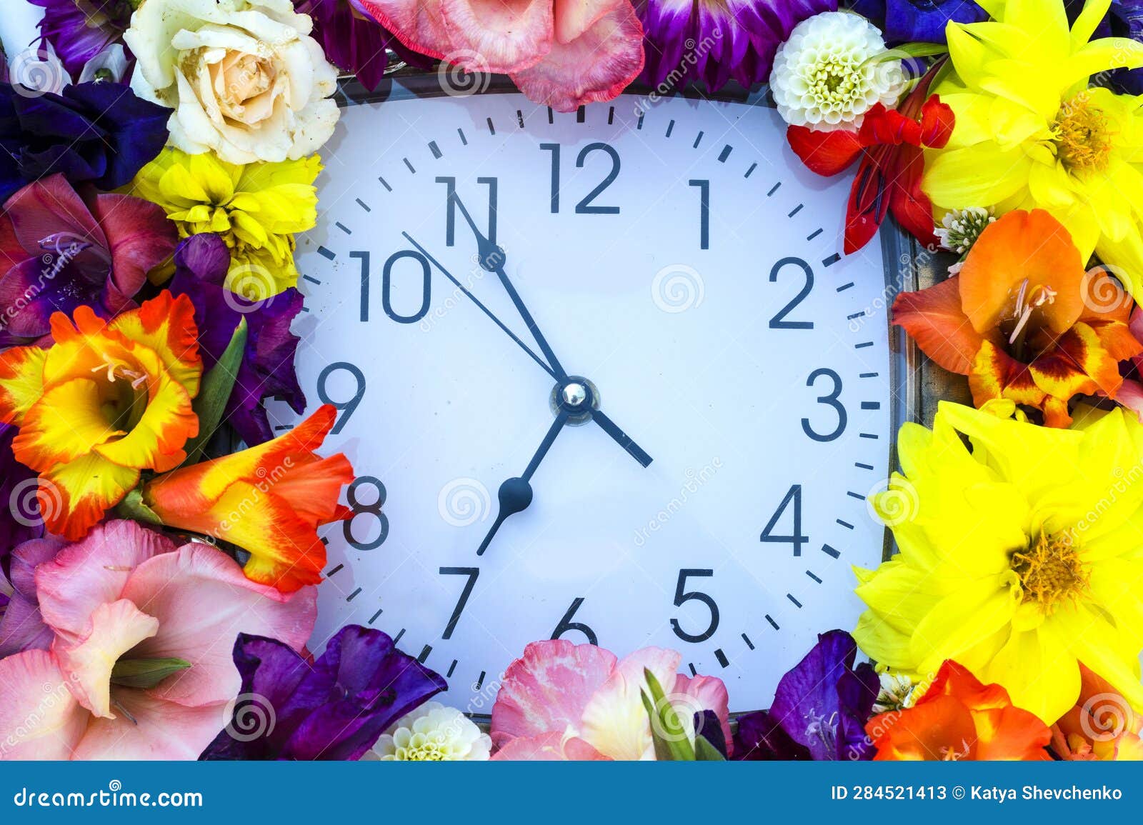 Clock Face among Various Bright Summer Flowers Stock Image - Image of ...