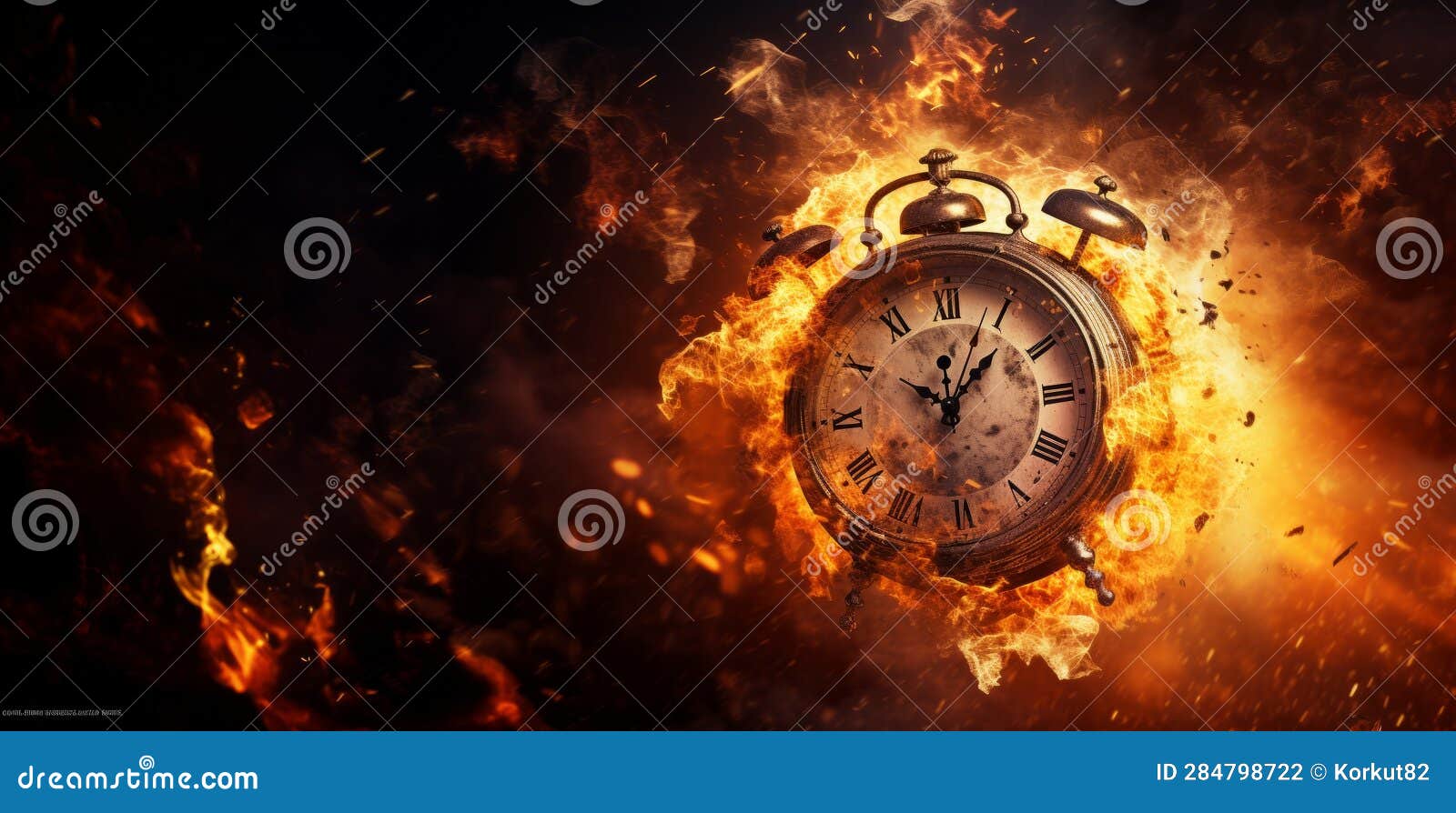 Clock on fire background. stock illustration. Illustration of time ...
