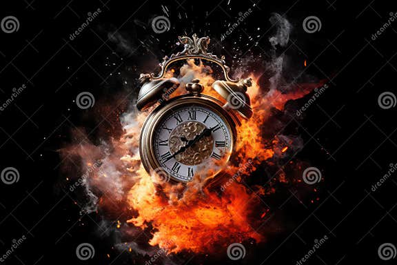 A Clock on Fire on a Black Background, Created by Generative AI Stock ...
