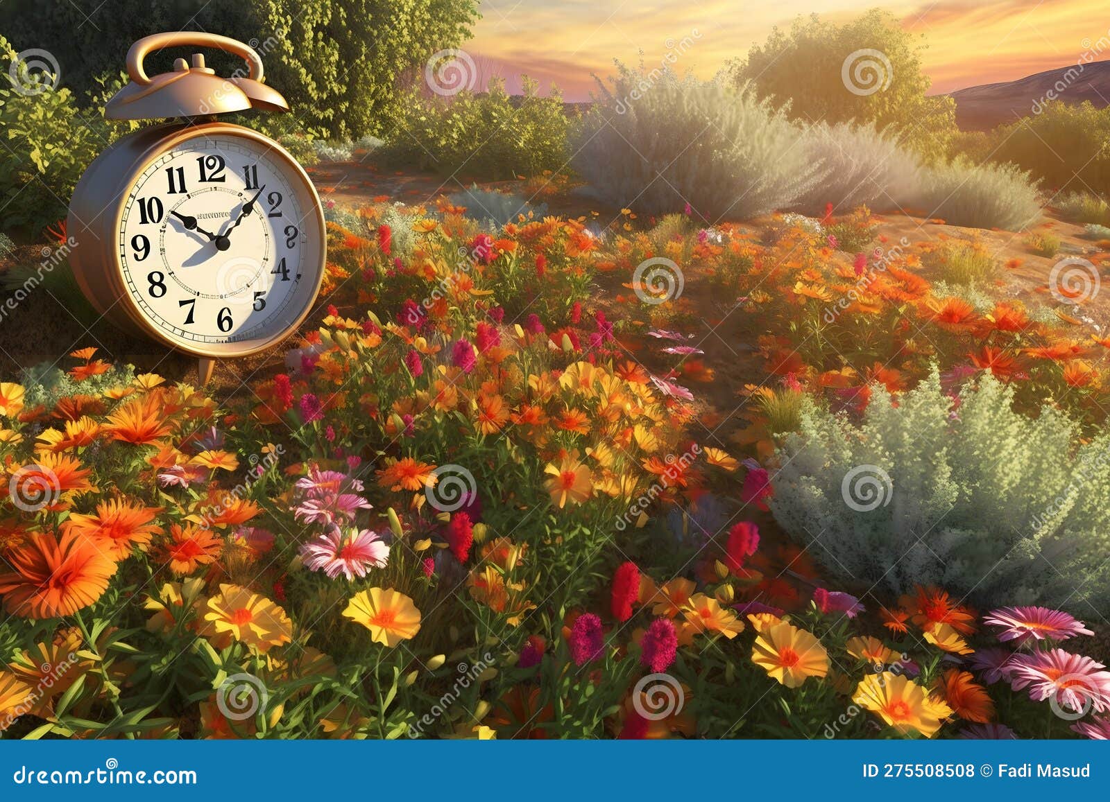 Clock and flowers stock illustration. Illustration of field - 275508508