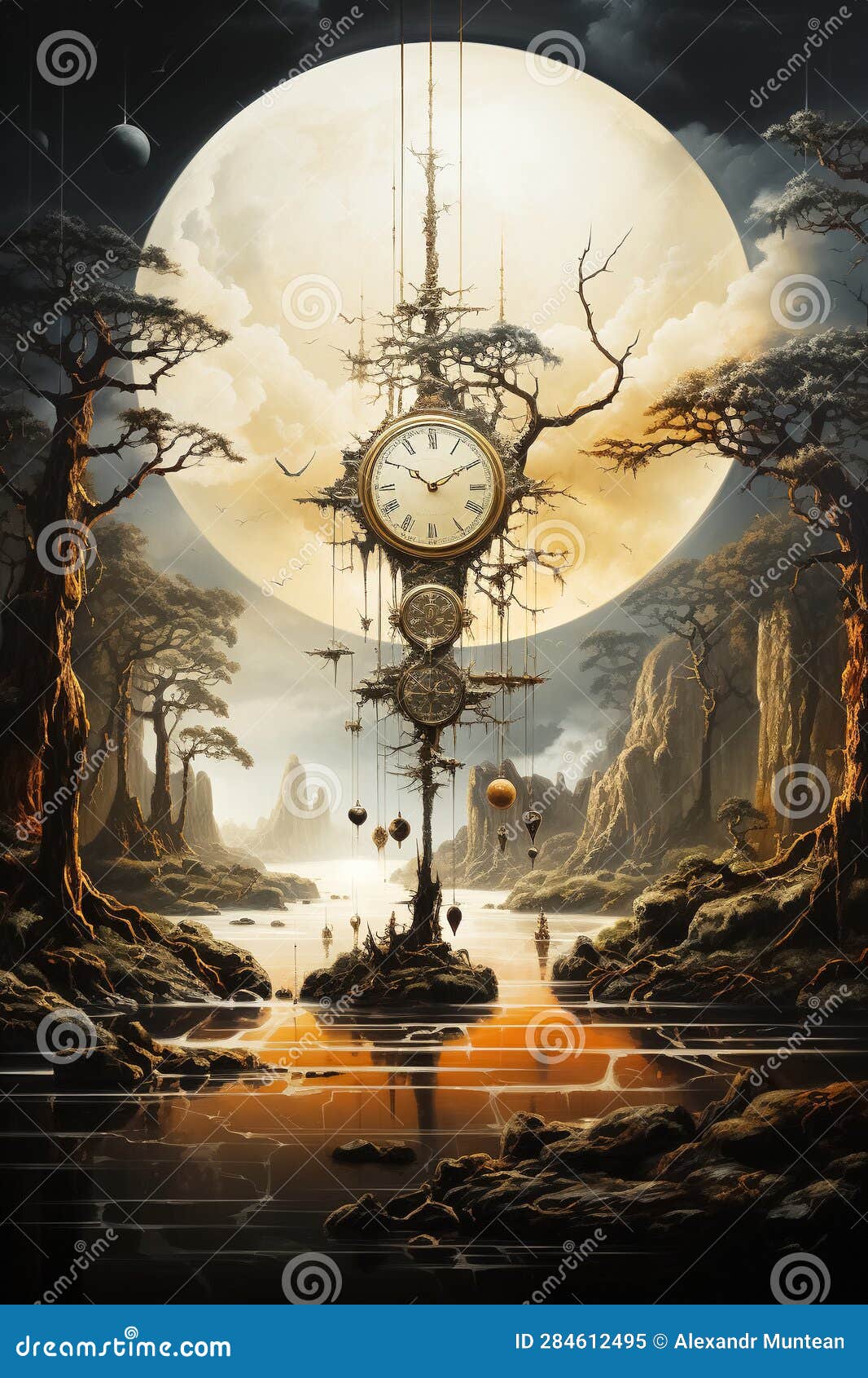 Clock in the Forest, Time in Fantasy World Stock Illustration ...