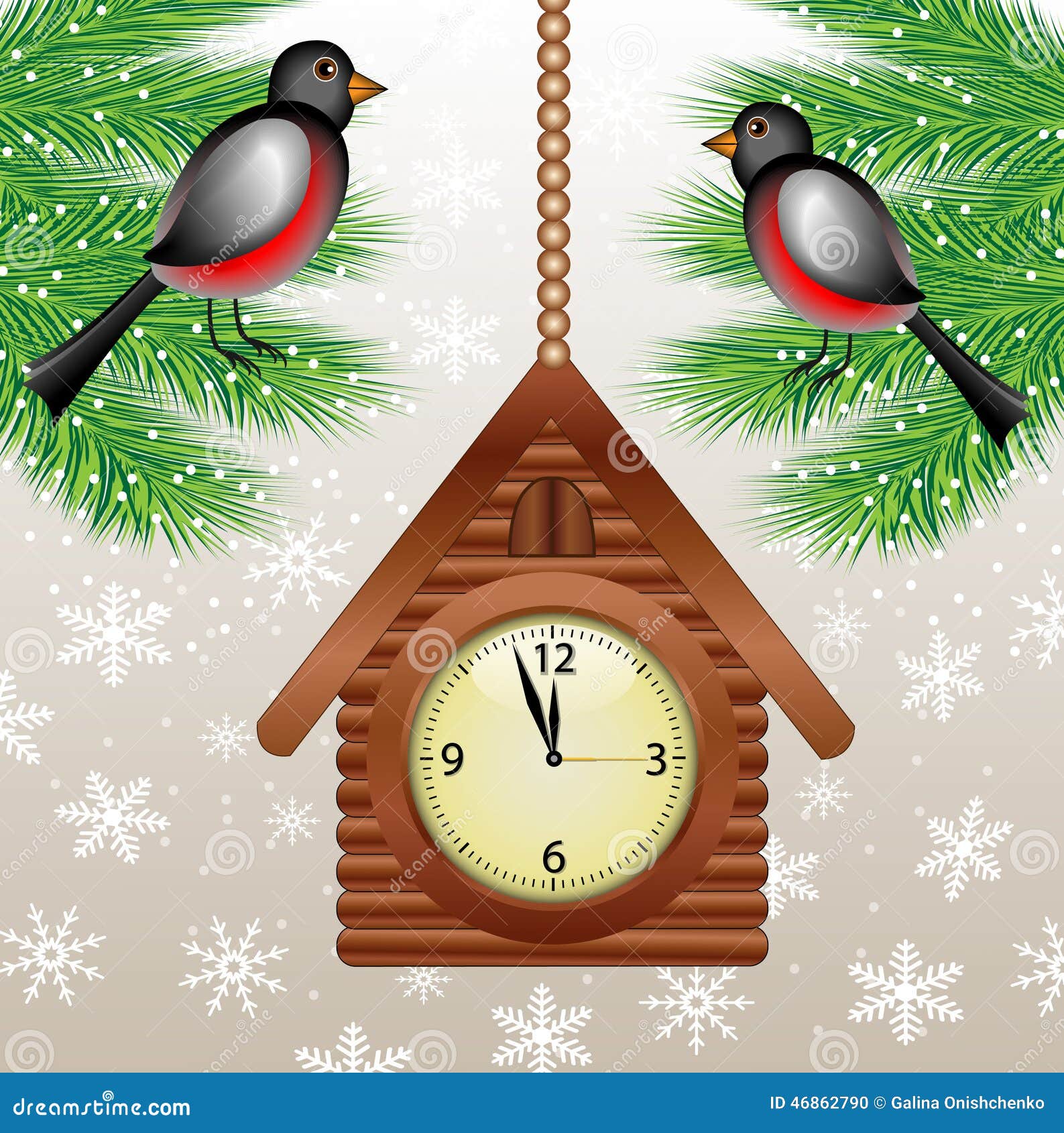 Clock in Form House and Bullfinchs on Green Branches Stock Vector ...