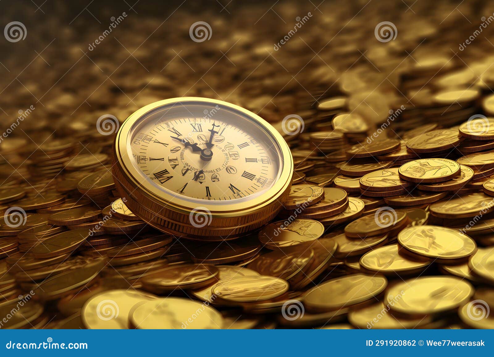 Clock on Golden Coins, Time Value Wealth Concept Stock Illustration ...
