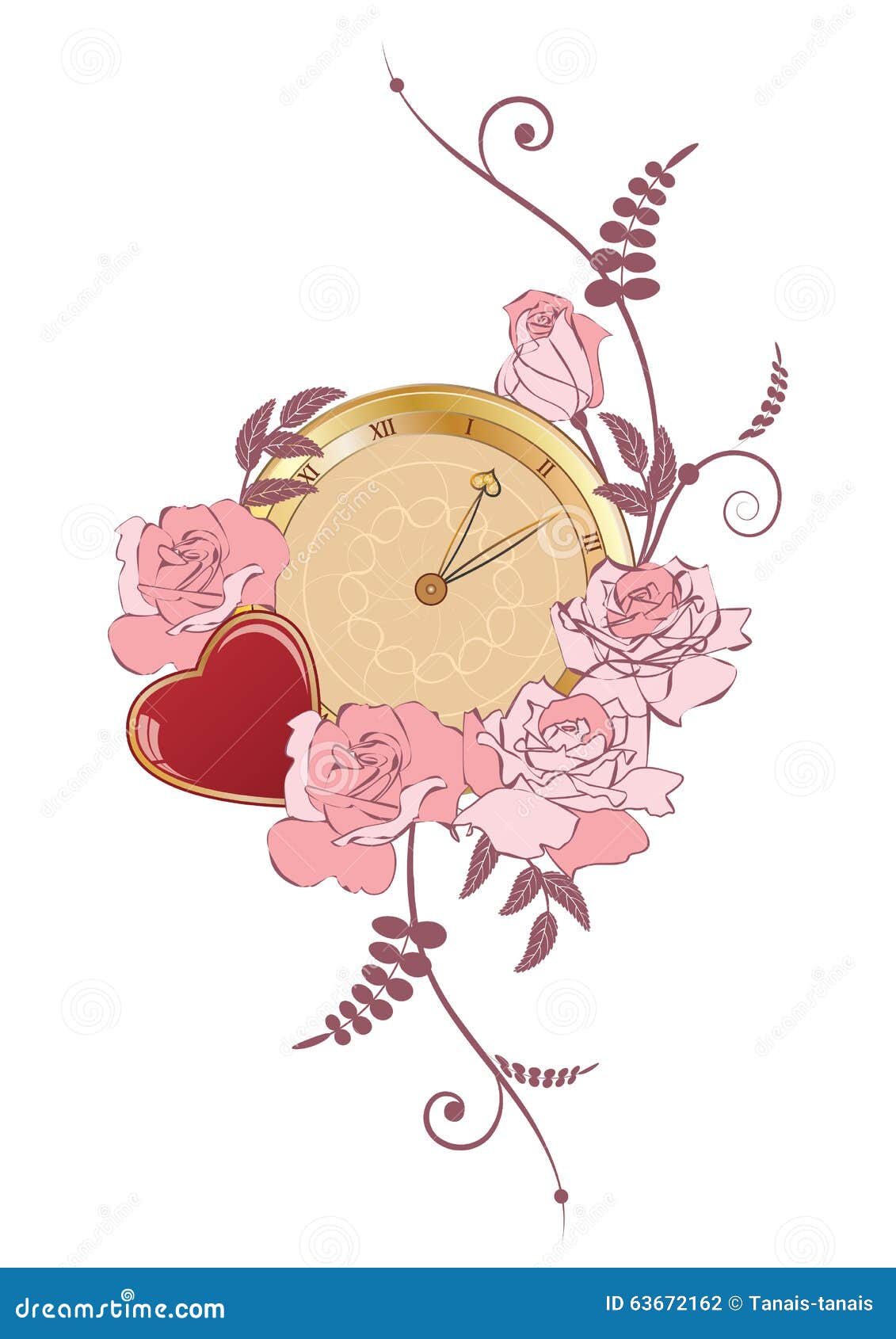 Clock, heart and roses stock vector. Illustration of nouveau - 63672162