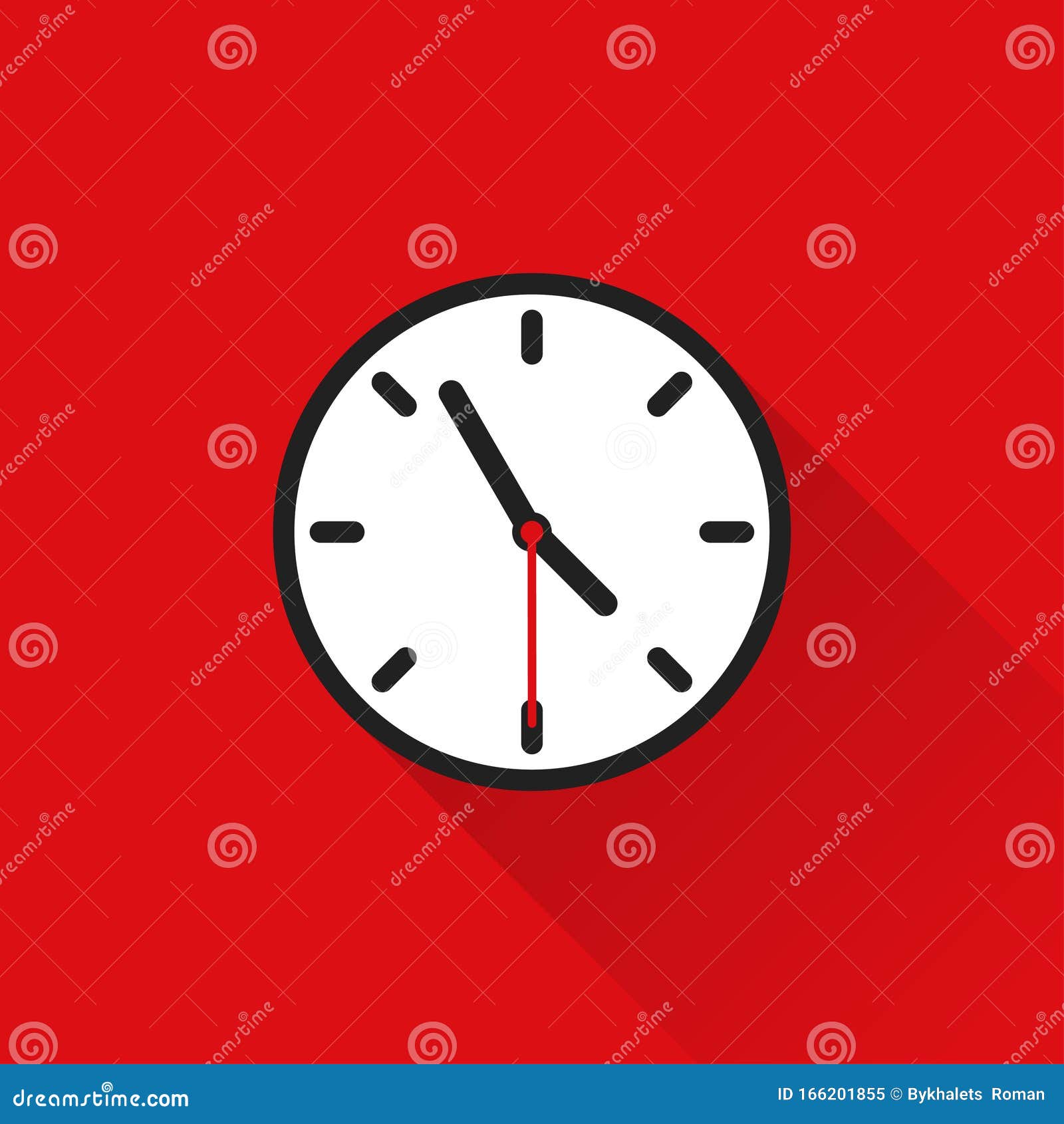 Clock Icon in Flat Style on Red Background with Shadow. Isolated Vector ...