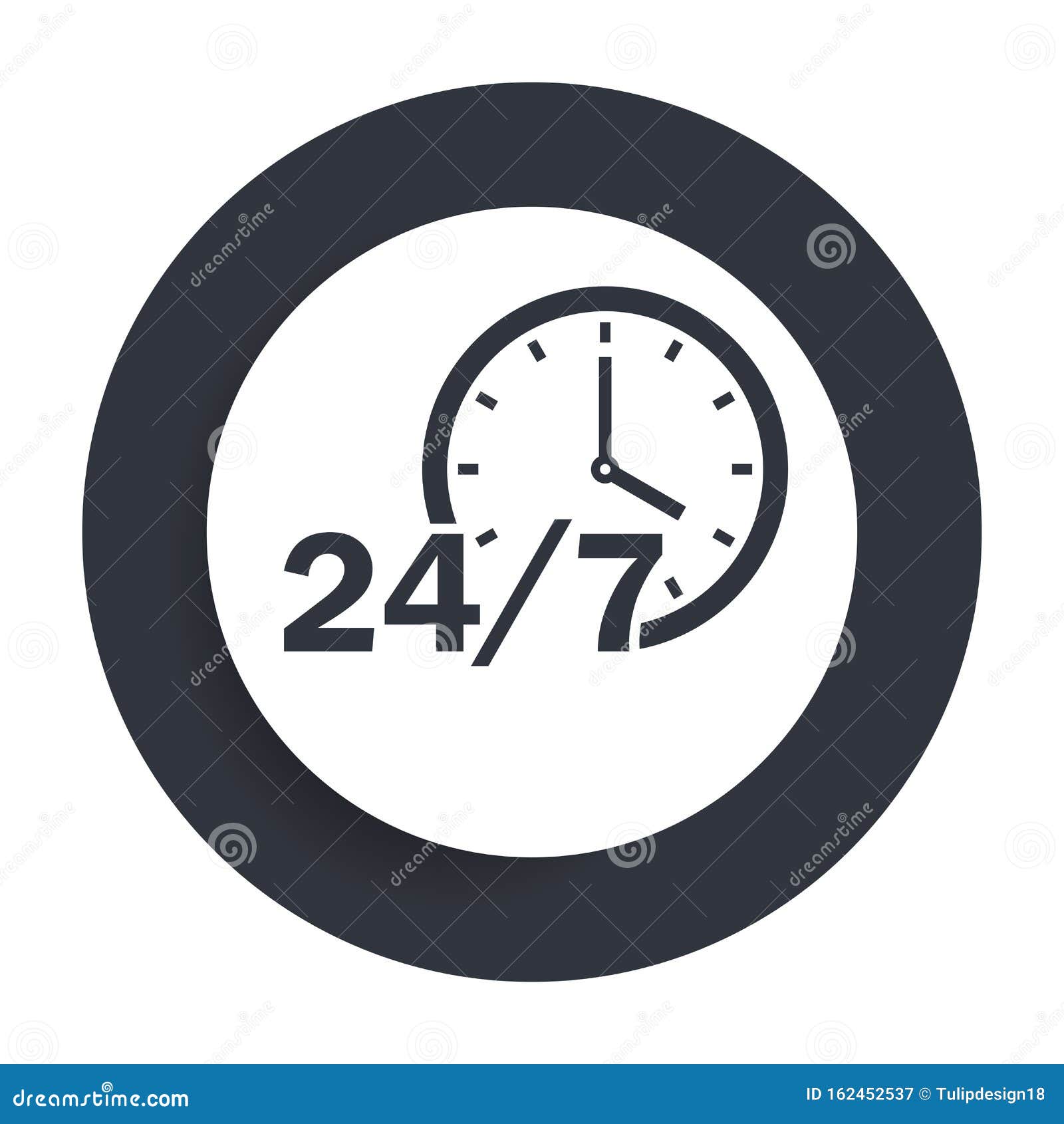 24/7 Clock Icon Flat Vector Round Button Clean Black and White Design ...