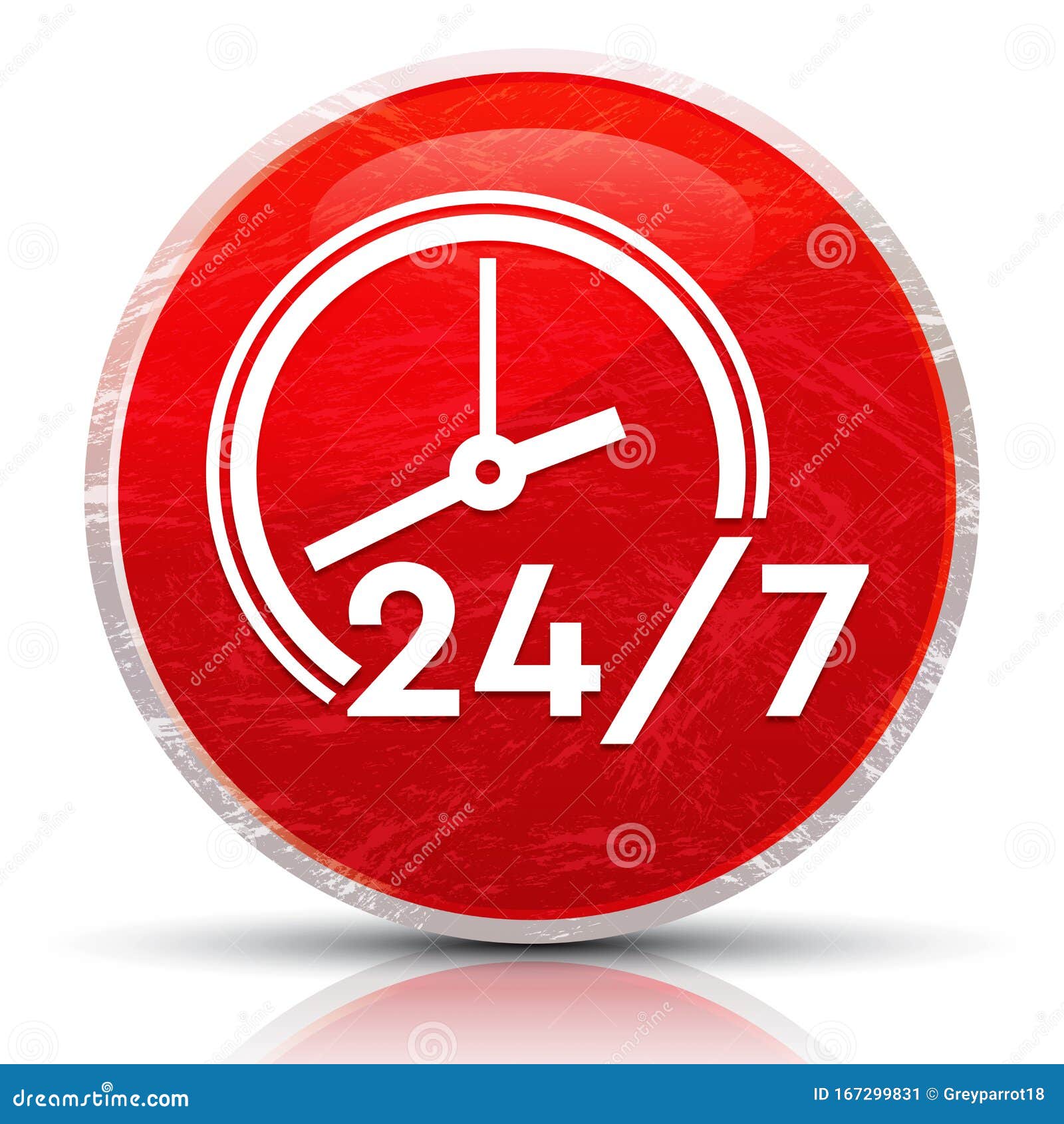 24/7 Clock Icon Metallic Grunge Abstract Red Round Button Illustration ...