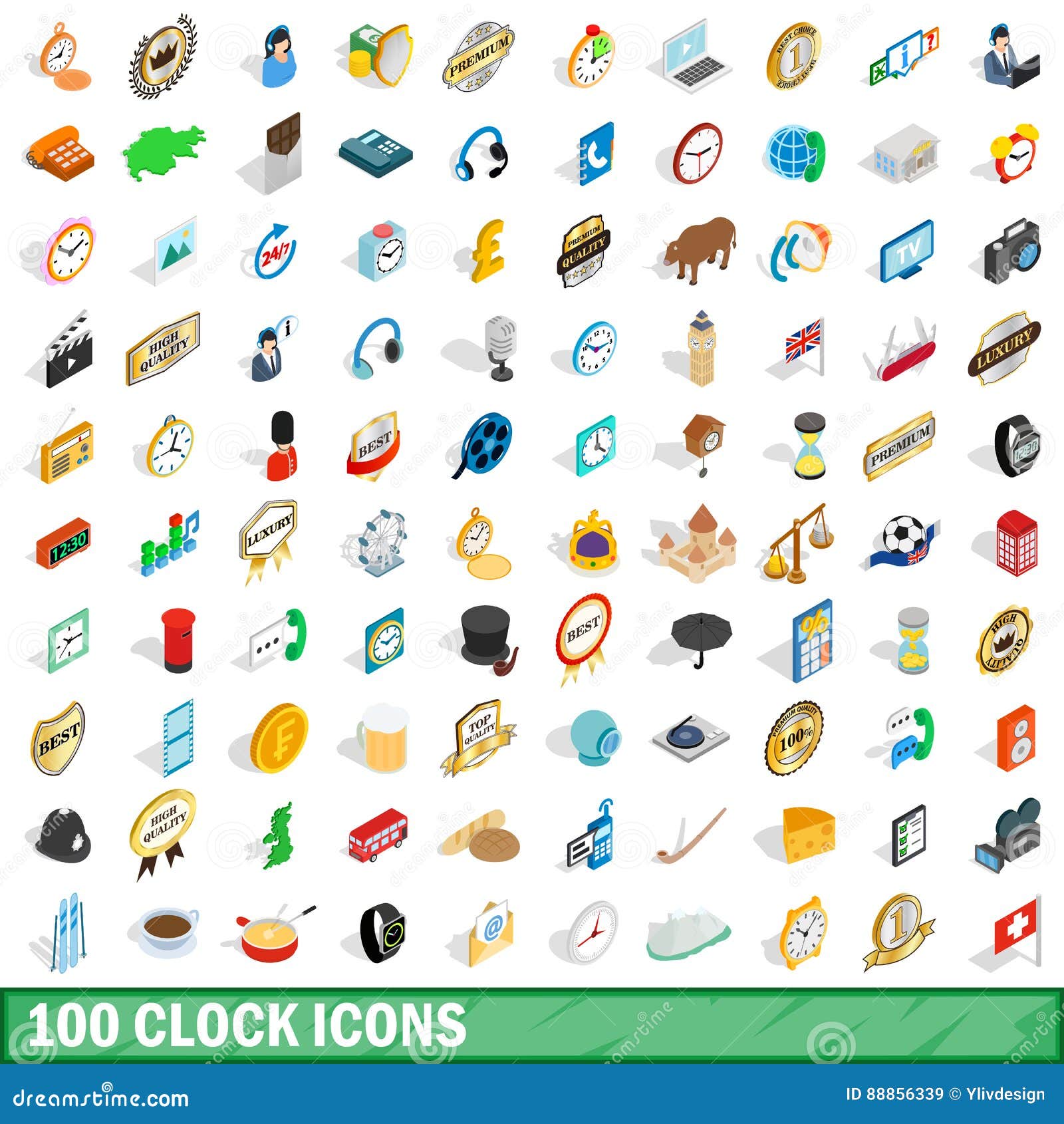 100 Clock Icons Set, Isometric 3d Style Stock Vector - Illustration of ...