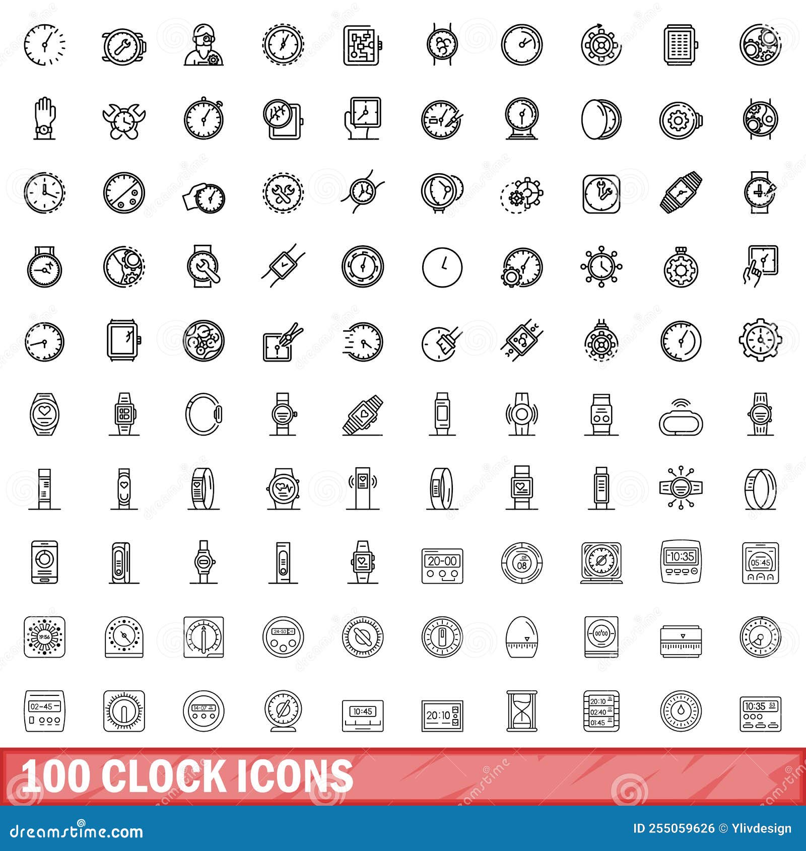 100 Clock Icons Set, Outline Style Stock Vector - Illustration of heart ...