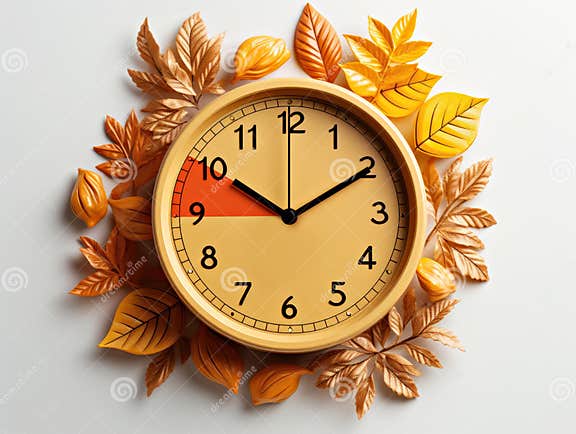 A Clock with Leaves Surrounding it on a Wall. Stock Image - Image of ...