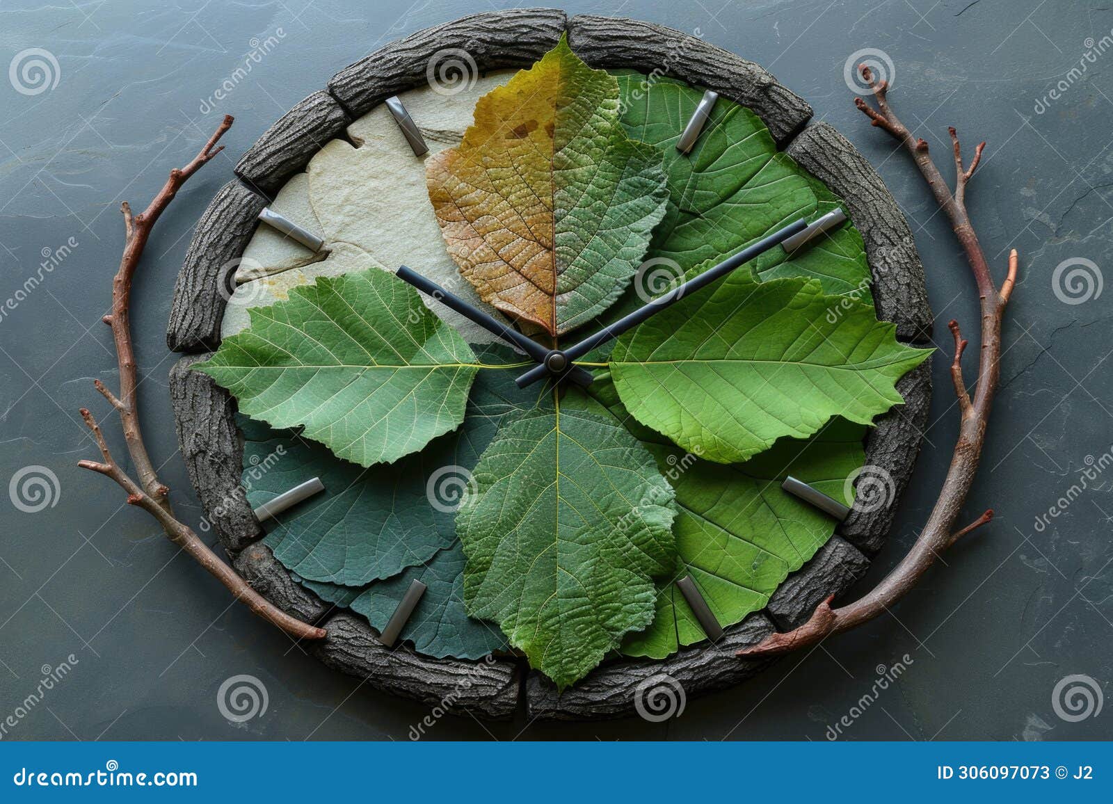 Clock Made of Branches and Leaves on a Leafy Green Background. Stock ...
