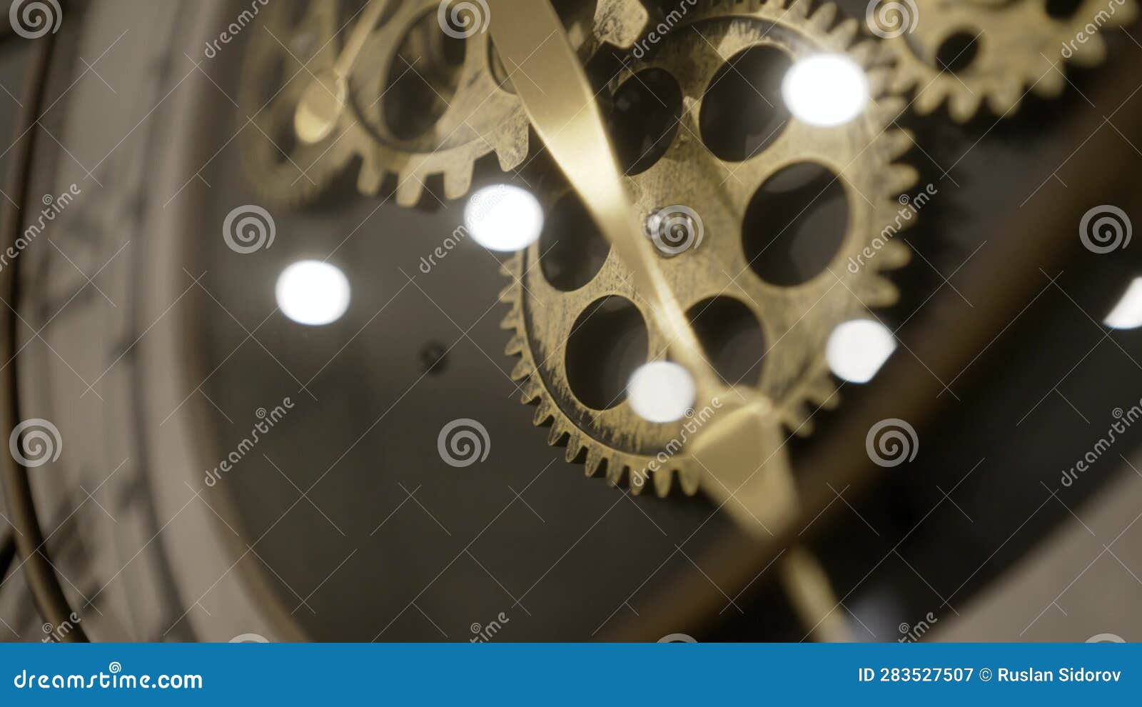Clock Gears and Cogs in Action. Wall Clock with a Mechanism, Close-up ...