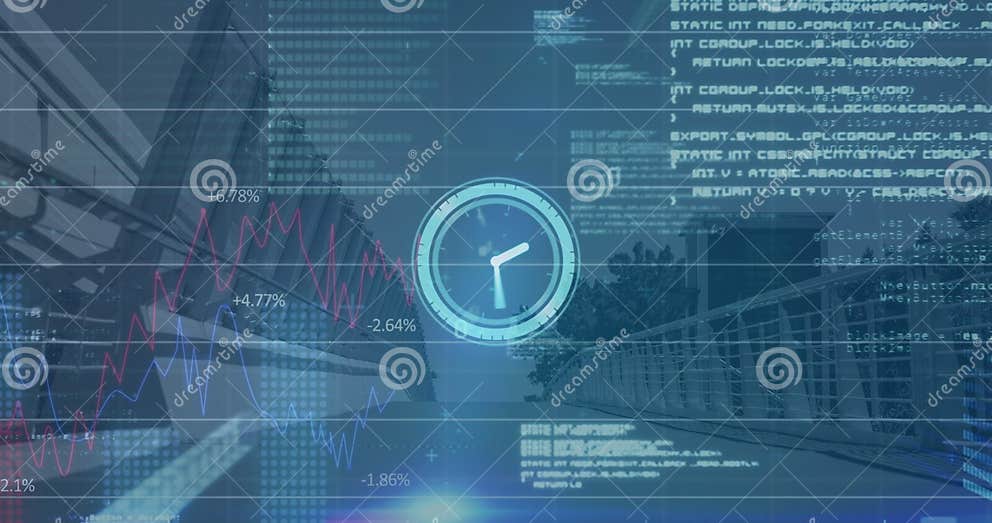 Clock Neon Digital Clock Ticking and Data Processing Against City ...