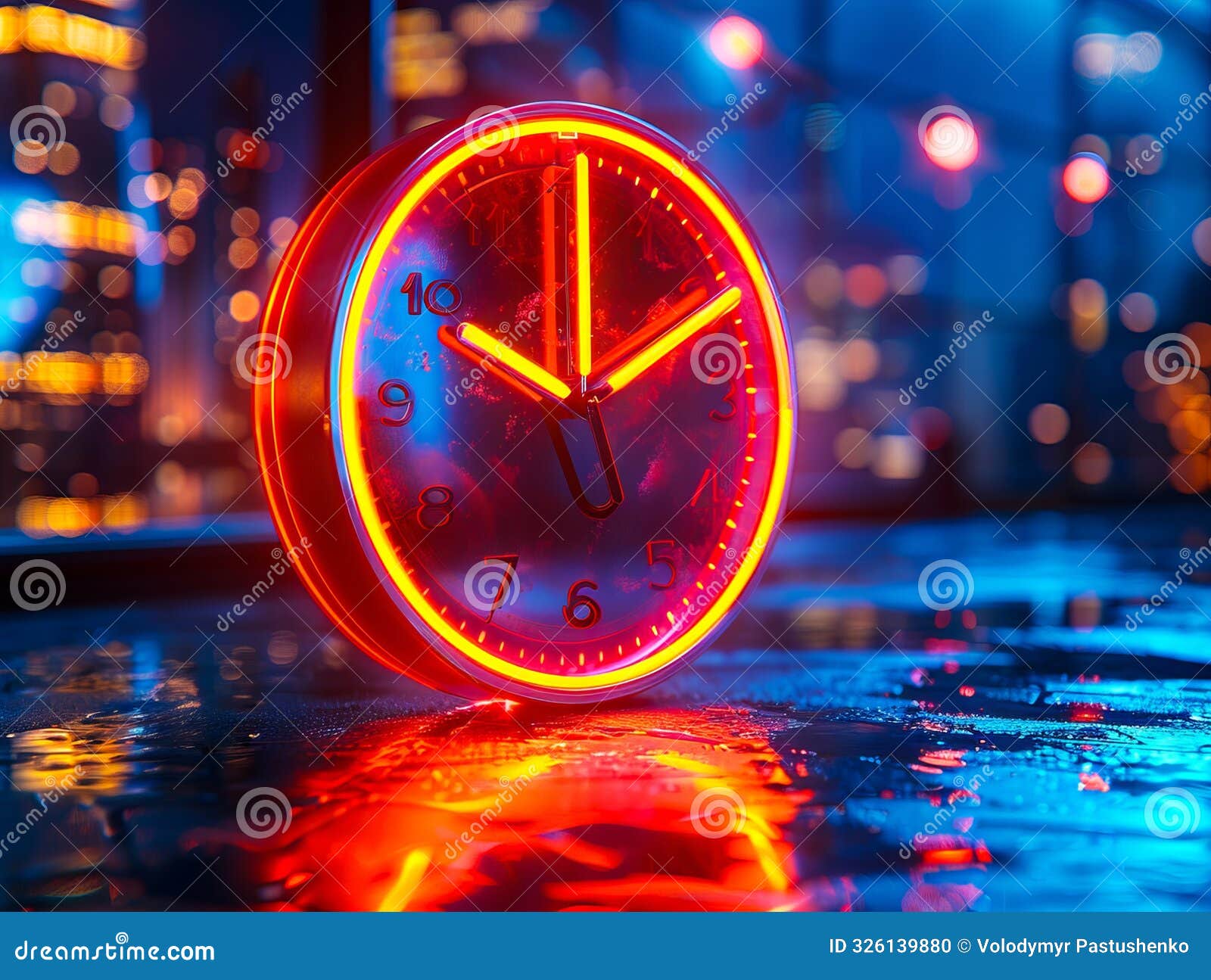 A Clock with Neon Lights on the City Stock Photo - Image of generated ...