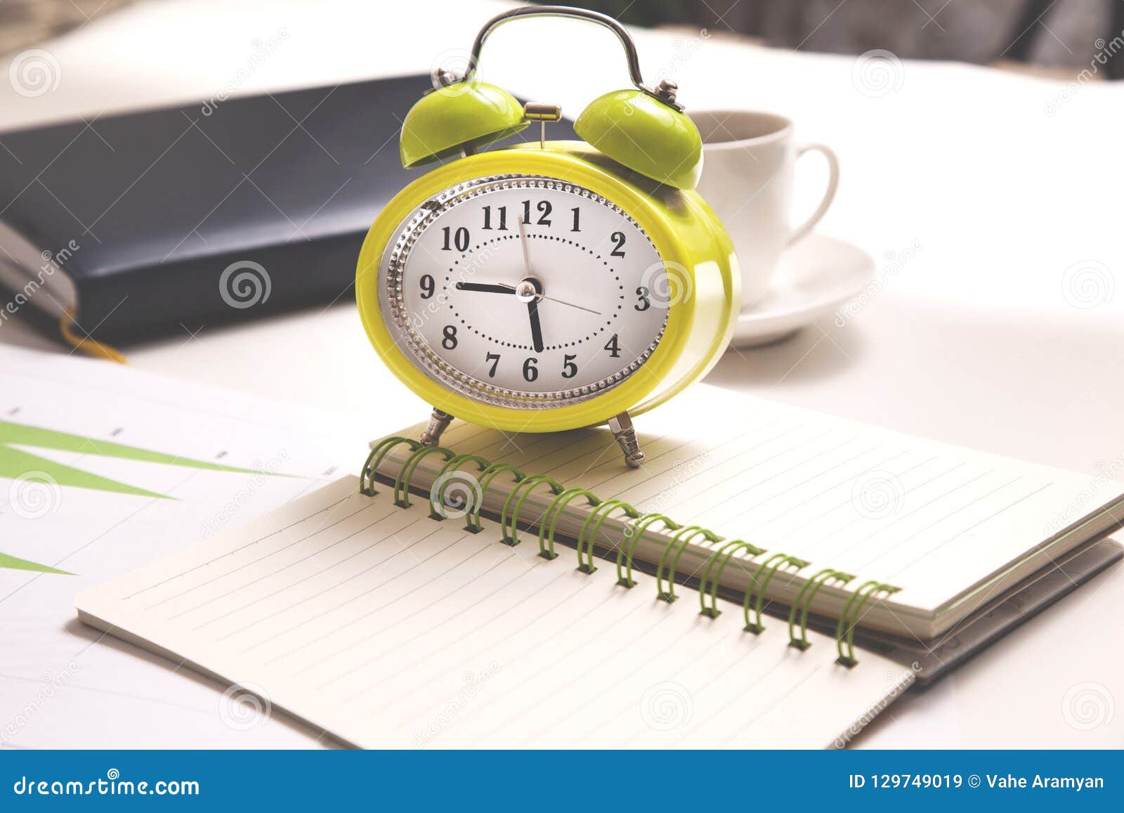 Clock on Notepad and Coffee on Desk Stock Image - Image of notepad ...