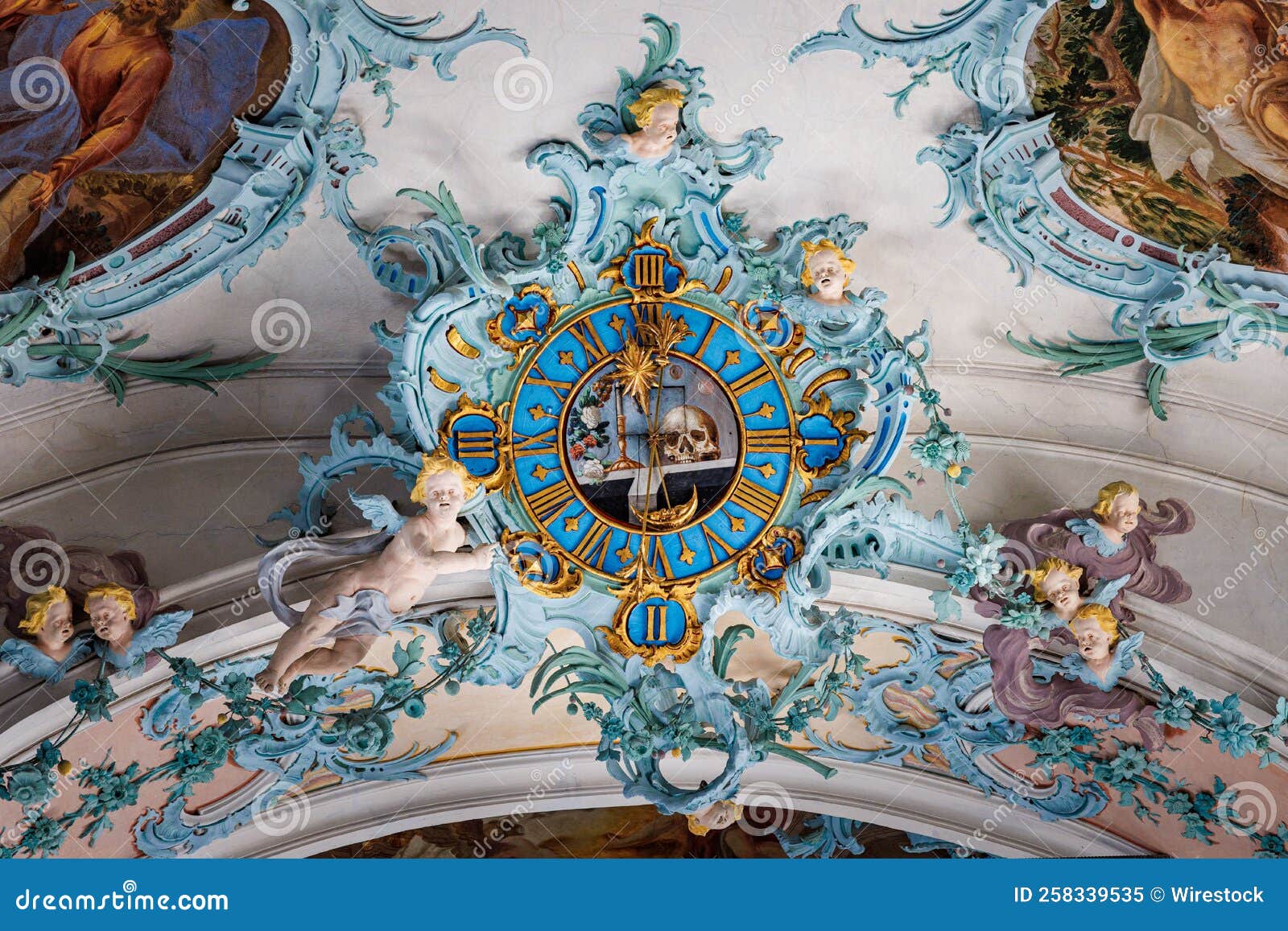 Clock on Painted Ceiling with Angles in Ittingen Charterhouse Museum ...