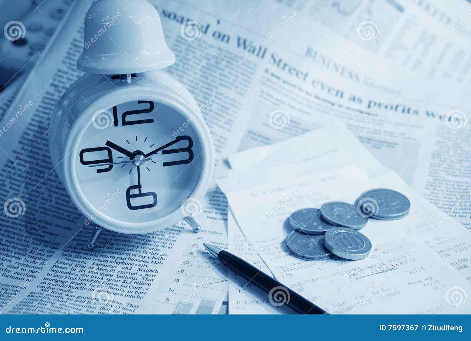 Clock and pen on newspaper stock image. Image of finance - 7597367