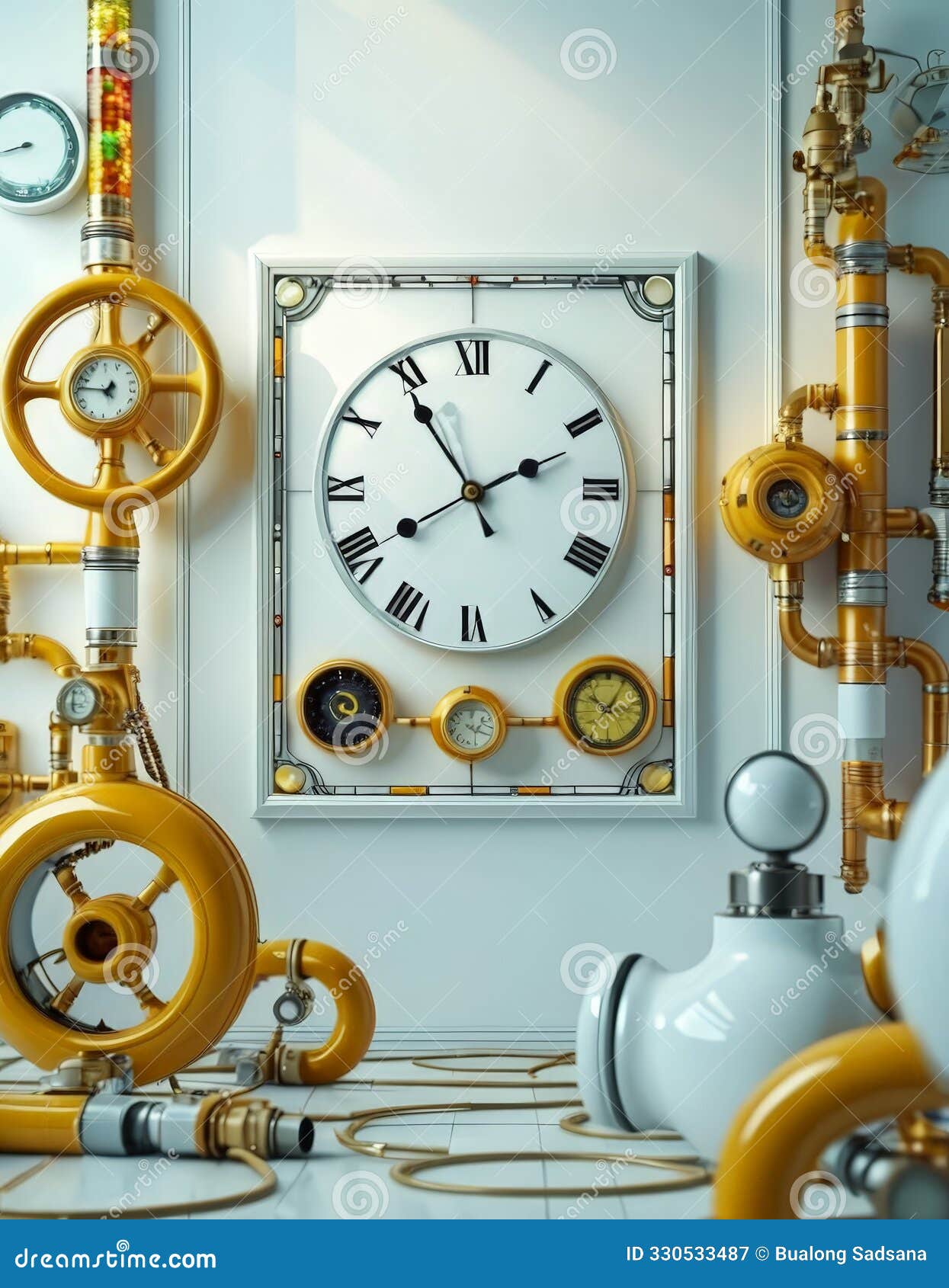 Clock and Pipes in Room with Light Blue Wall Stock Illustration ...
