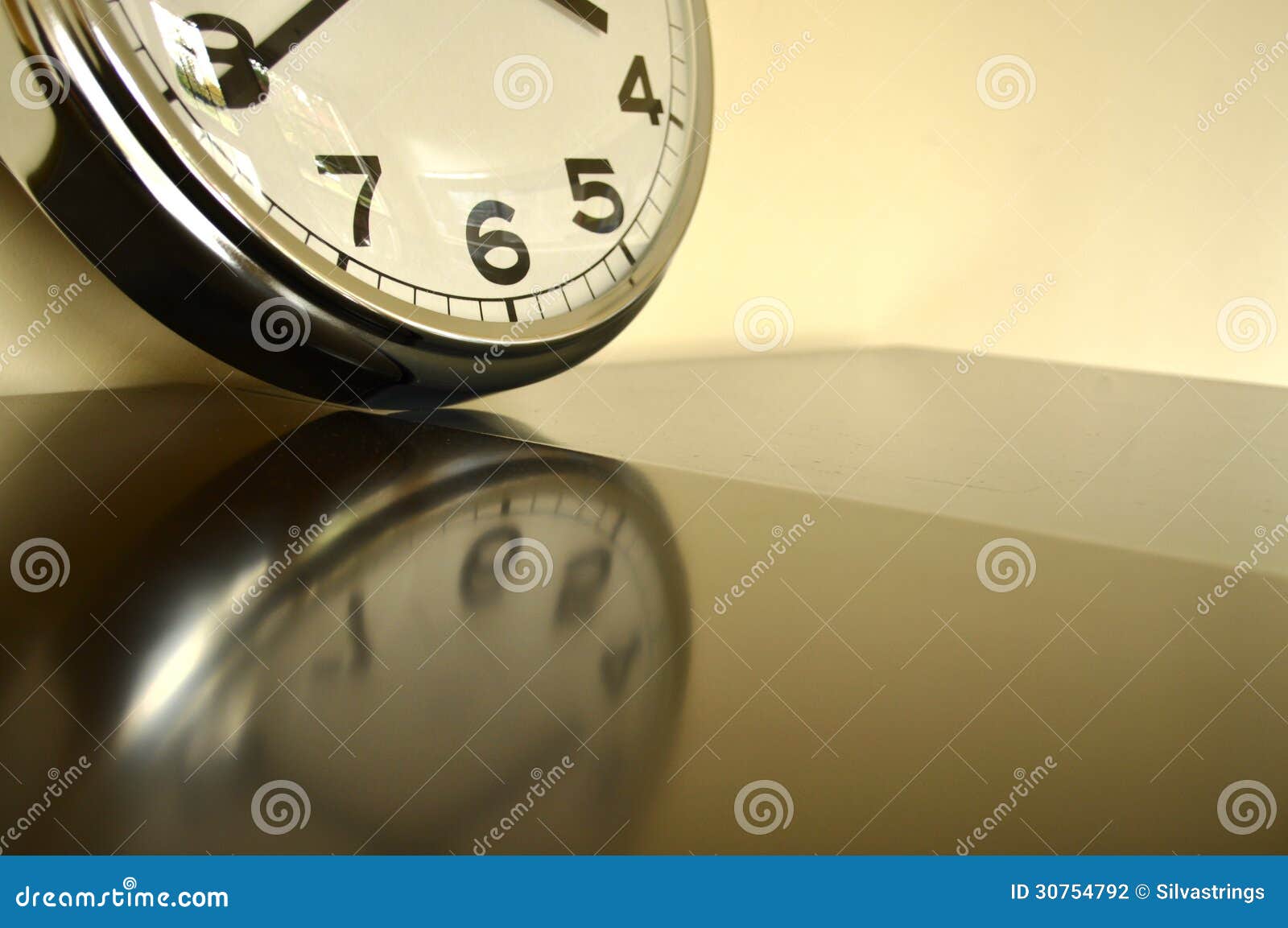 Clock on Reflective Surface Stock Photo - Image of white, time: 30754792