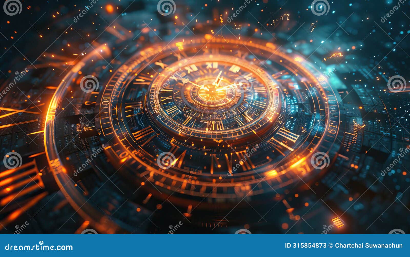 A Clock with Roman Numerals is Shown in a Circle with a Blue Background ...