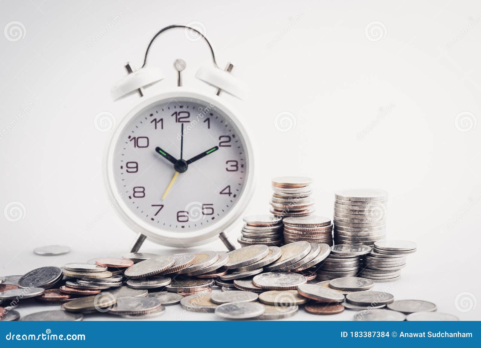 Clock and Rows of Coins for Time of Finance and Business Concept Stock ...