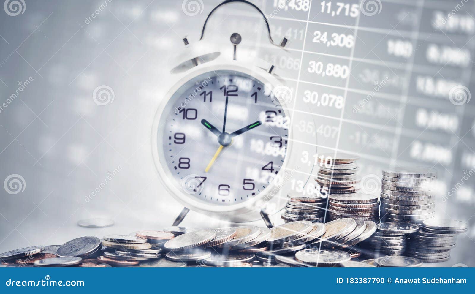 Clock and Rows of Coins for Time of Finance and Business Concept Stock ...