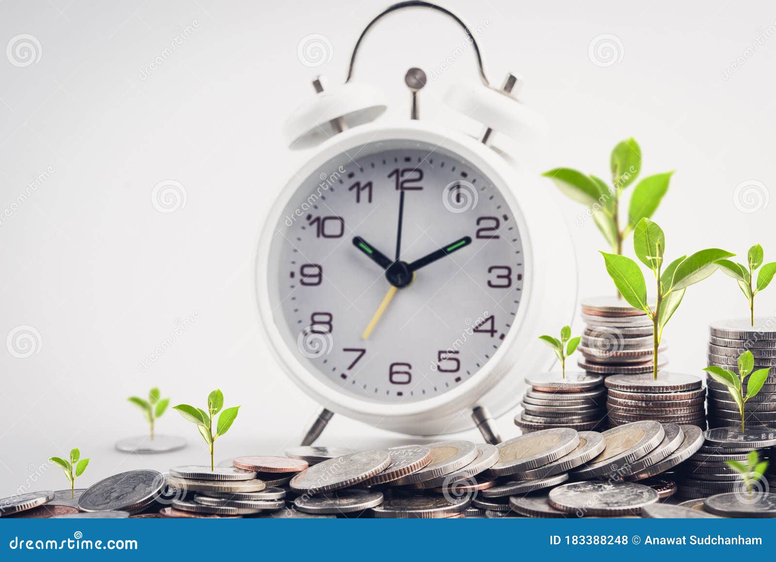 Clock and Rows of Coins for Time of Finance and Business Concept Stock ...