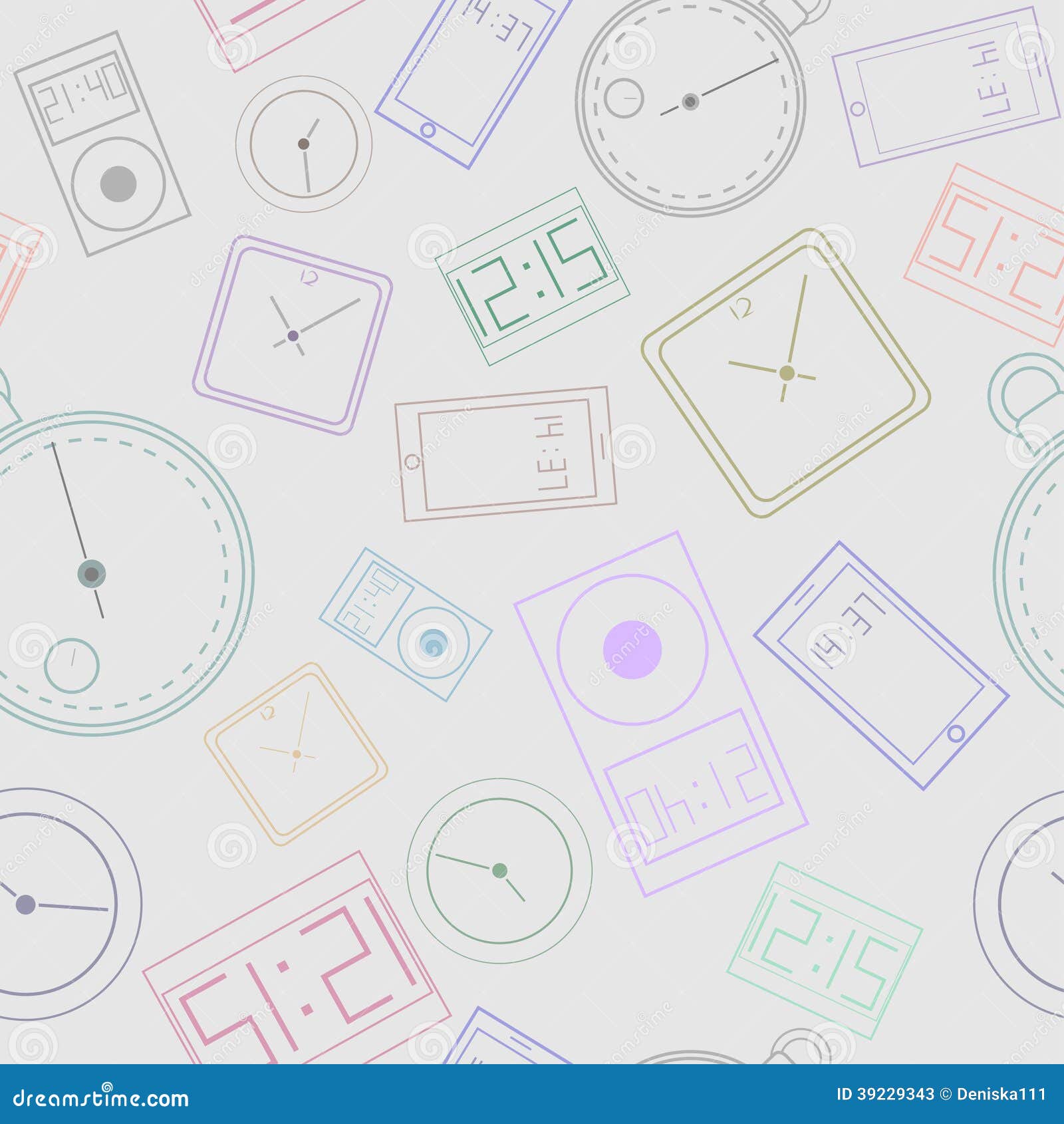 Clock Seamless Pattern. Sketch Time, Sketch Hourglass And Mechanic ...
