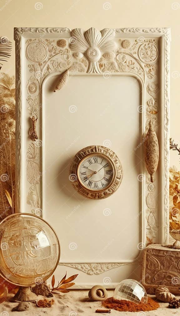 Clock and shells on table stock illustration. Illustration of decorated ...