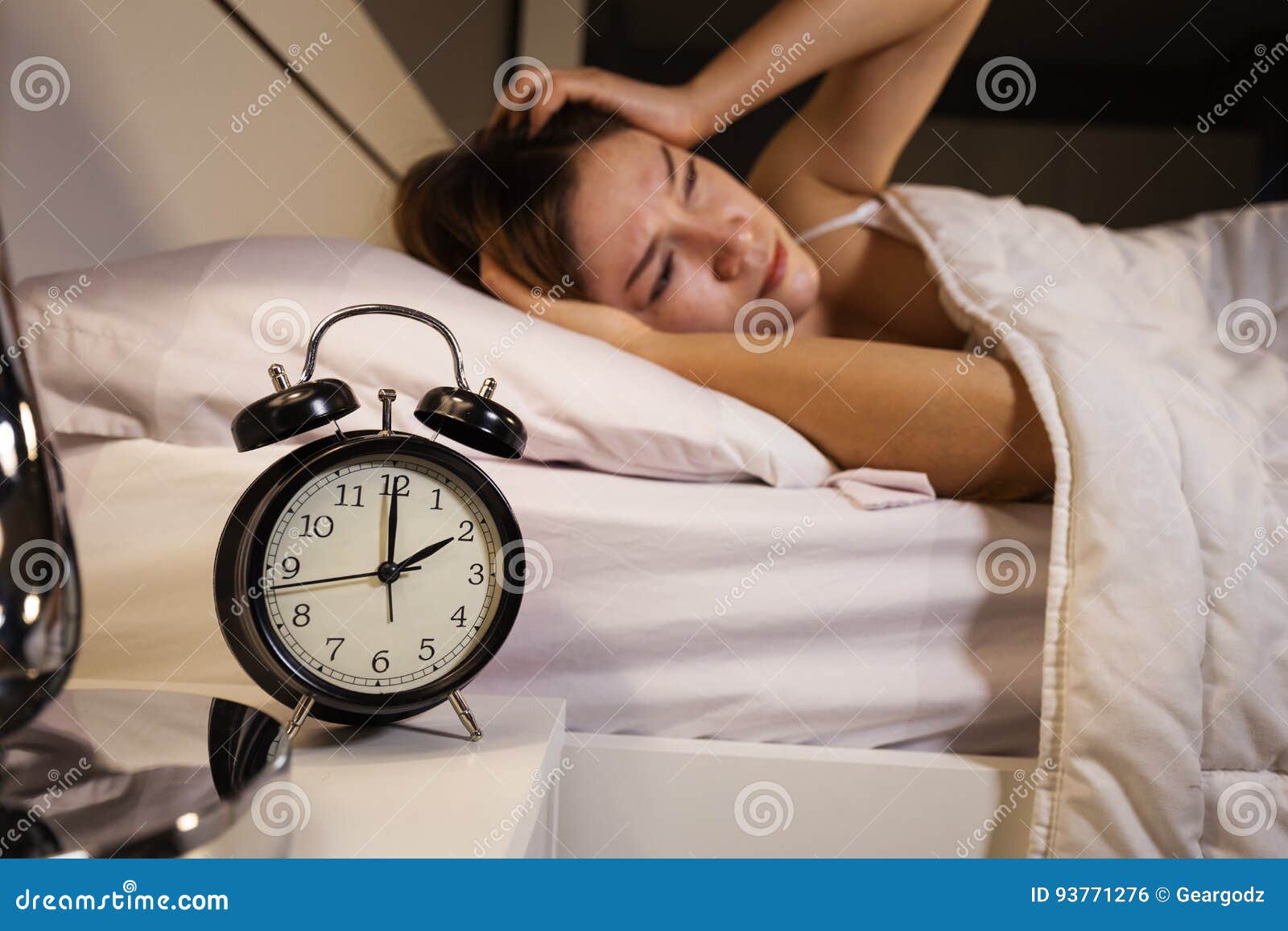 Clock Show 2 O`clock and Woman Sleepless on Bed Stock Photo - Image of ...