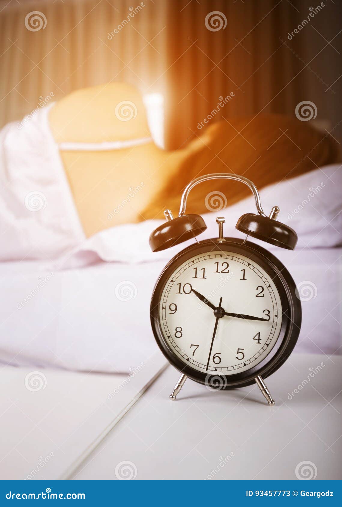 Clock Show 10 am. and Woman Sleeping on Bed with Sunlight in Morning ...
