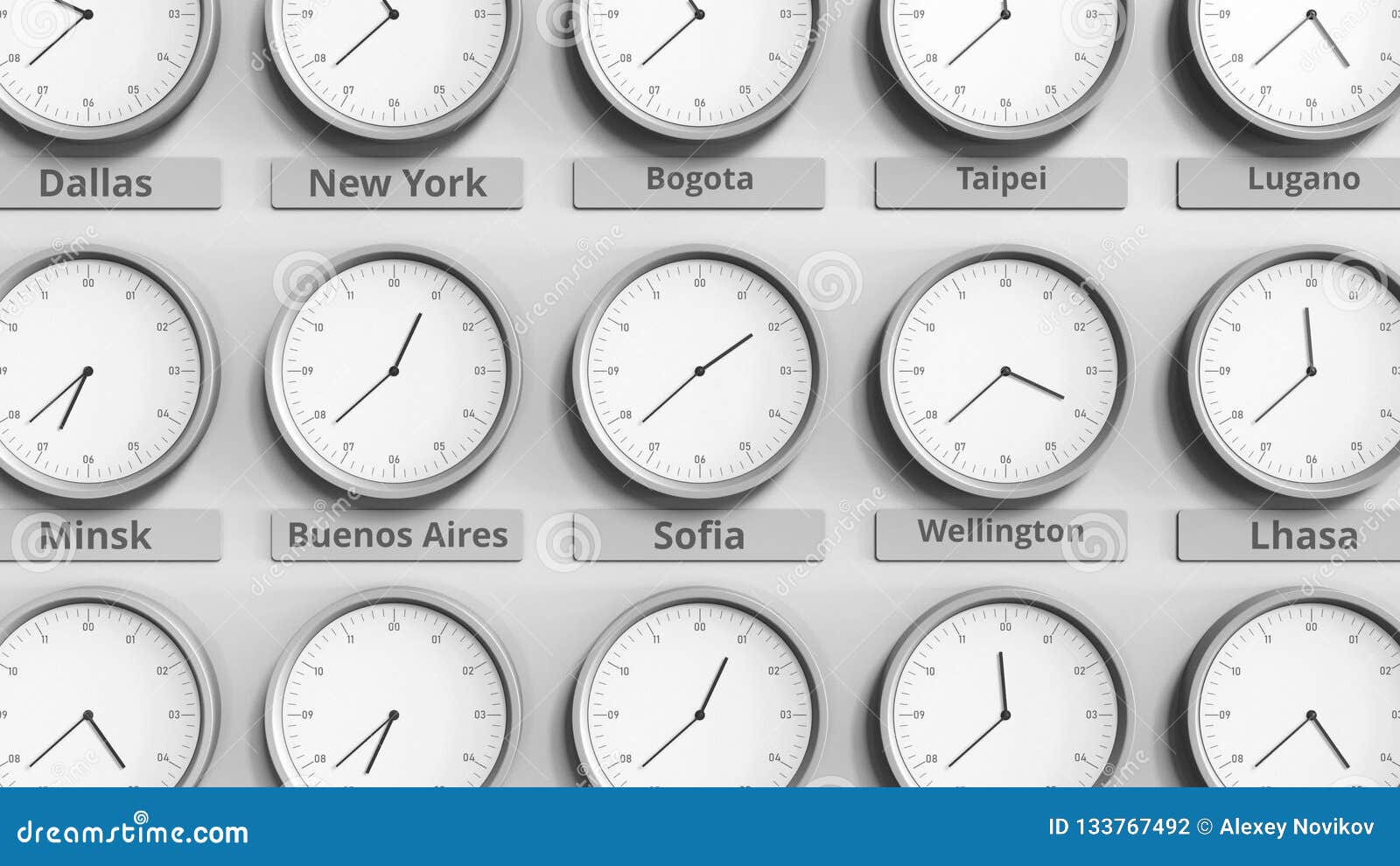 Clock Shows Sofia, Bulgaria Time among Different Timezones. 3D ...