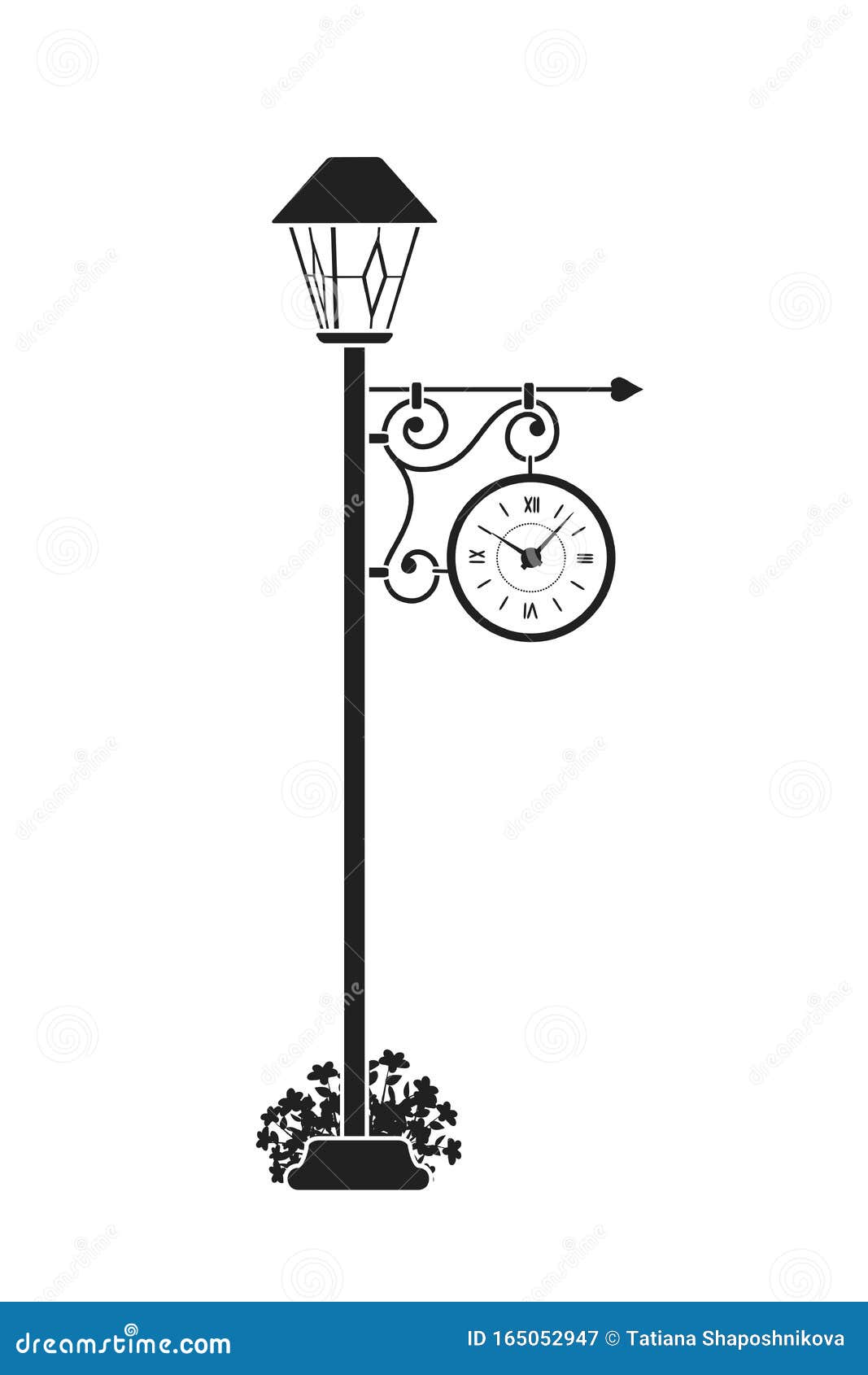 Clock. Silhouette Lamp Post with Clock on White Background Stock Vector ...