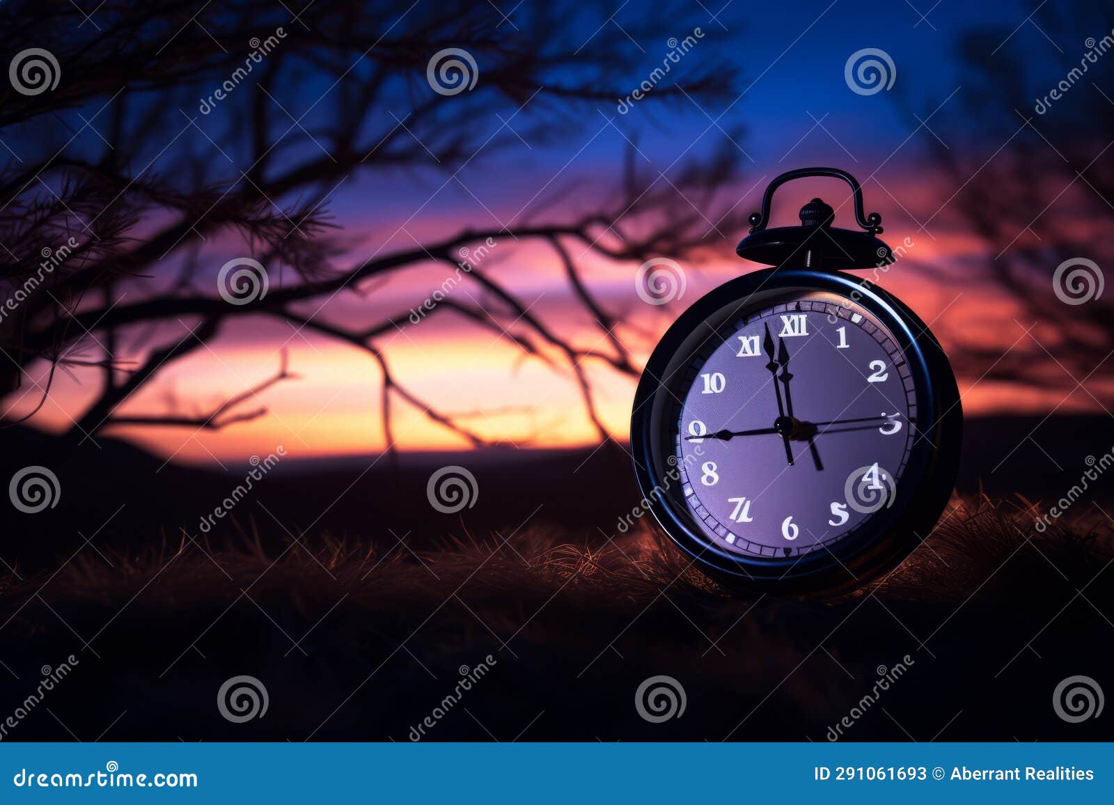A Clock Sitting in the Middle of a Field at Sunset Stock Illustration ...
