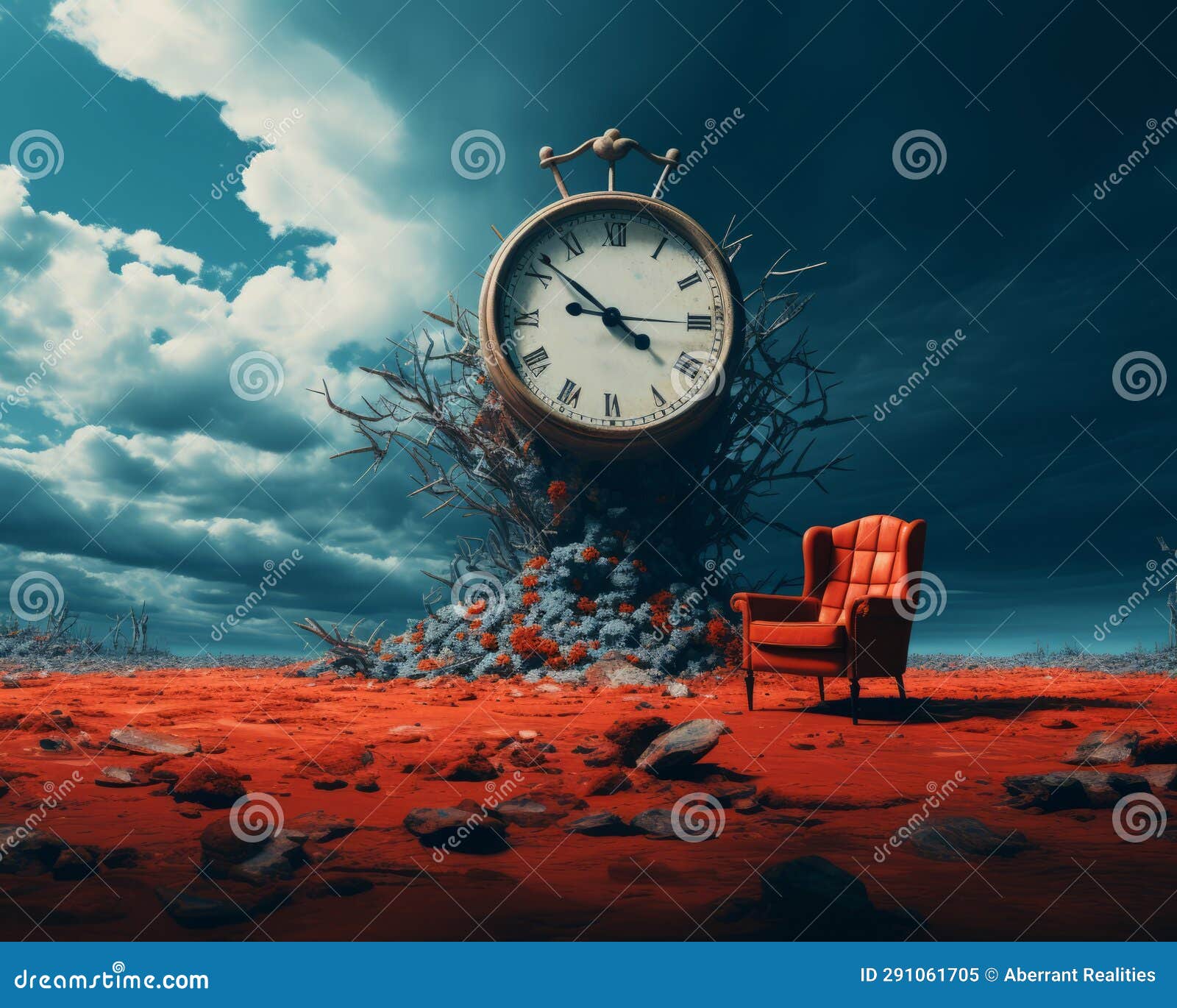 A Clock Sitting on Top of a Chair in the Middle of a Desert Stock ...