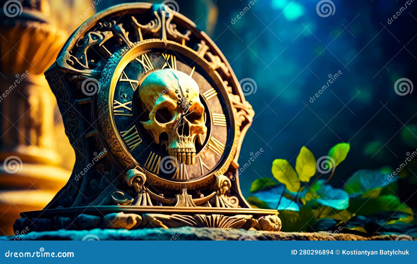 Clock with Skull on it Sitting in Front of Blue Background. Generative ...