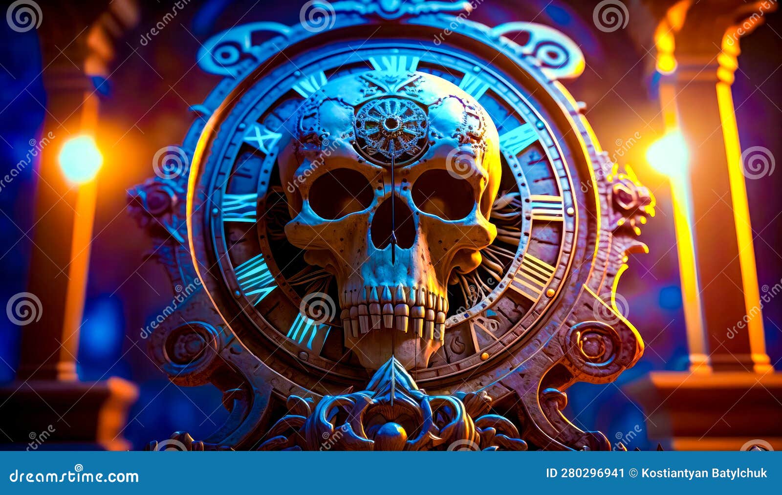 Clock with Skull on Top of it in Front of Blue Background. Generative ...