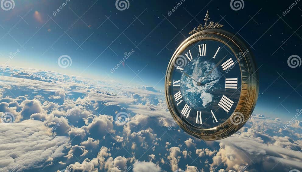 Clock on Sky, Clock in Space, Time Concept Stock Illustration ...
