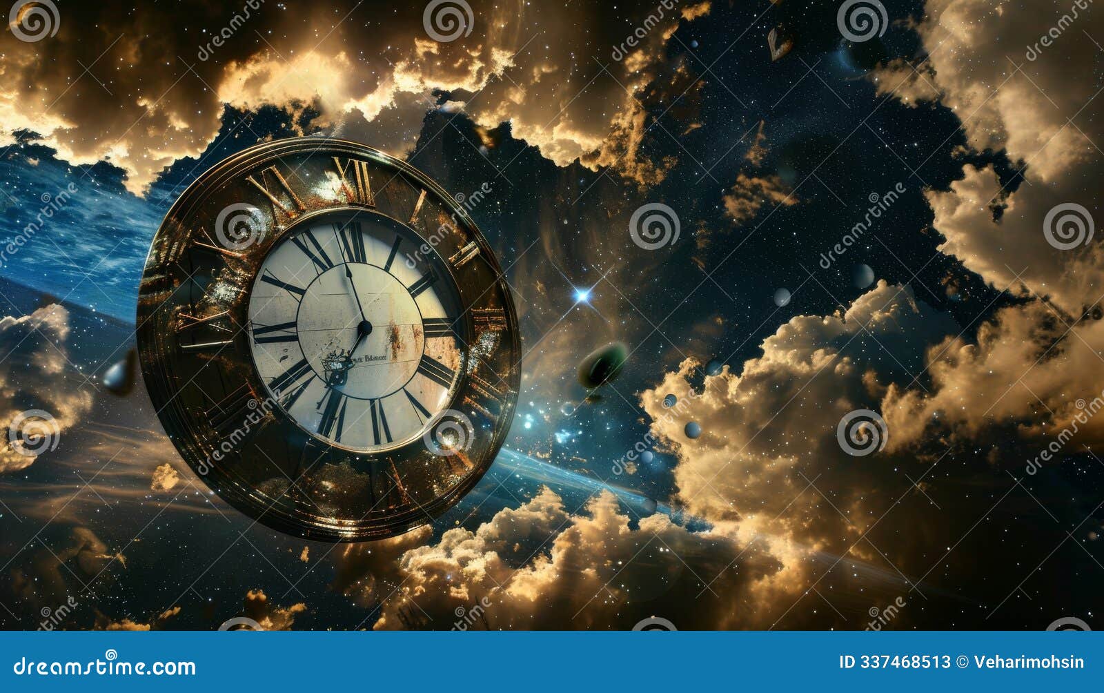 Clock on Sky, Clock in Space, Time Concept Stock Illustration ...