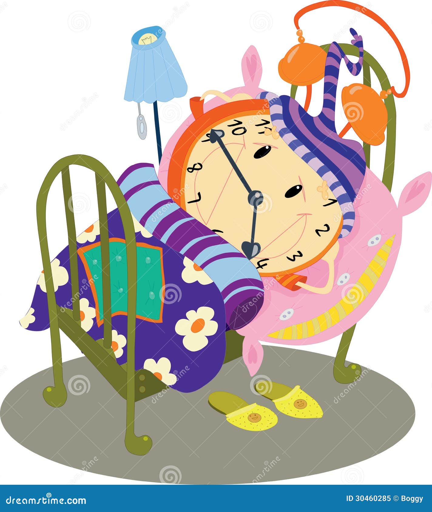 Clock sleeping in the bed stock vector. Illustration of concept - 30460285