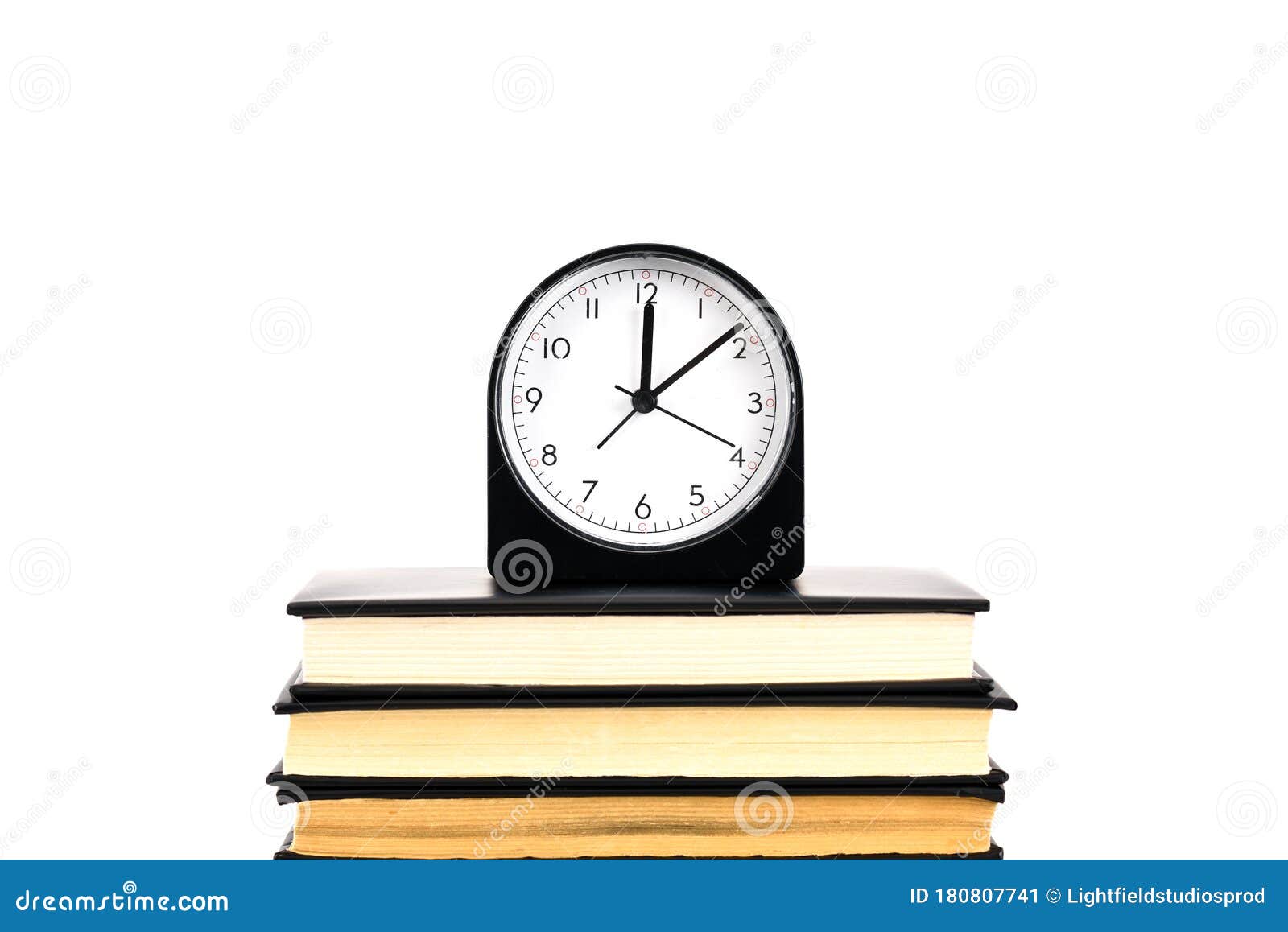 Clock and Stack of Books Isolated on White. Stock Image - Image of ...
