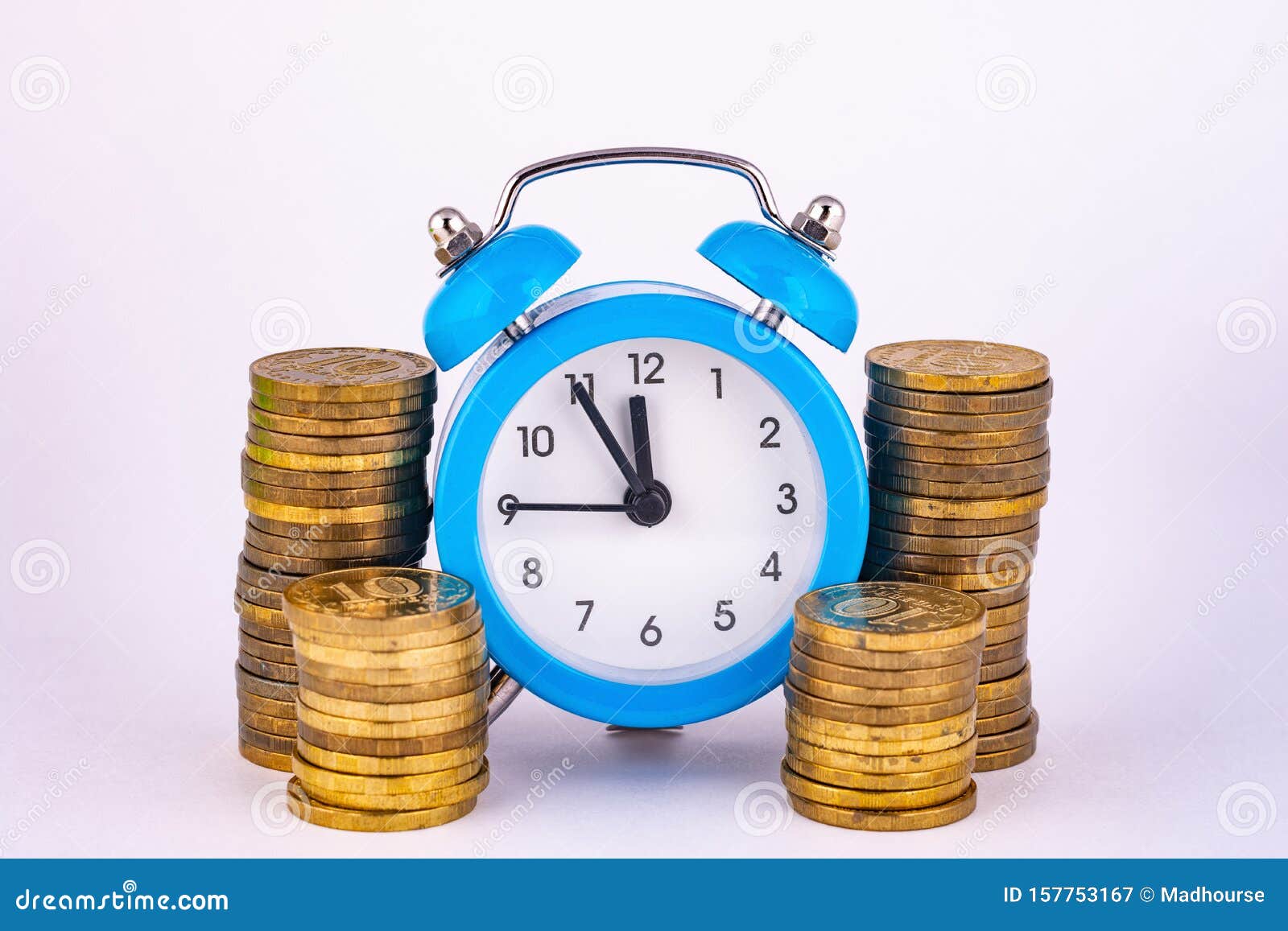 Clock and Stacks of Coins Close-up Stock Image - Image of value, alarm ...