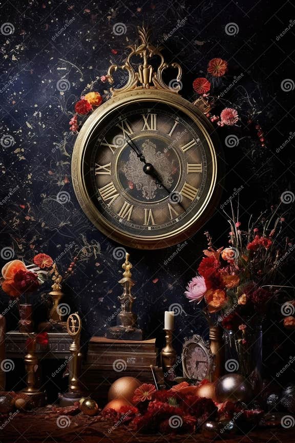 Clock Striking Midnight with Decorations Around Stock Illustration ...