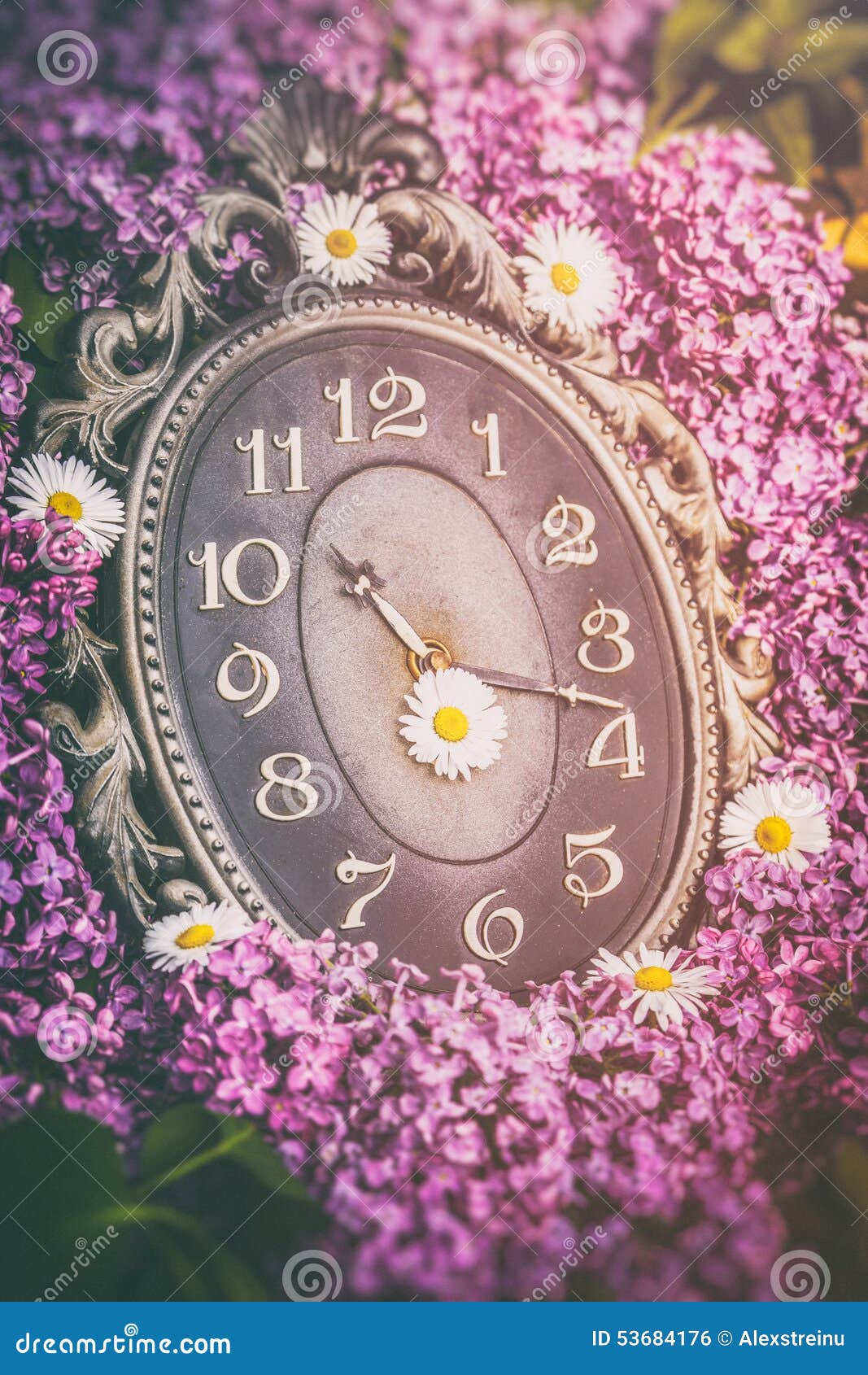 Clock Surrounded by Spring Flowers. Shallow Depth of Field with ...