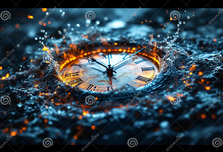 Clock Surrounded by Water Splash with Fire Effects Stock Illustration ...