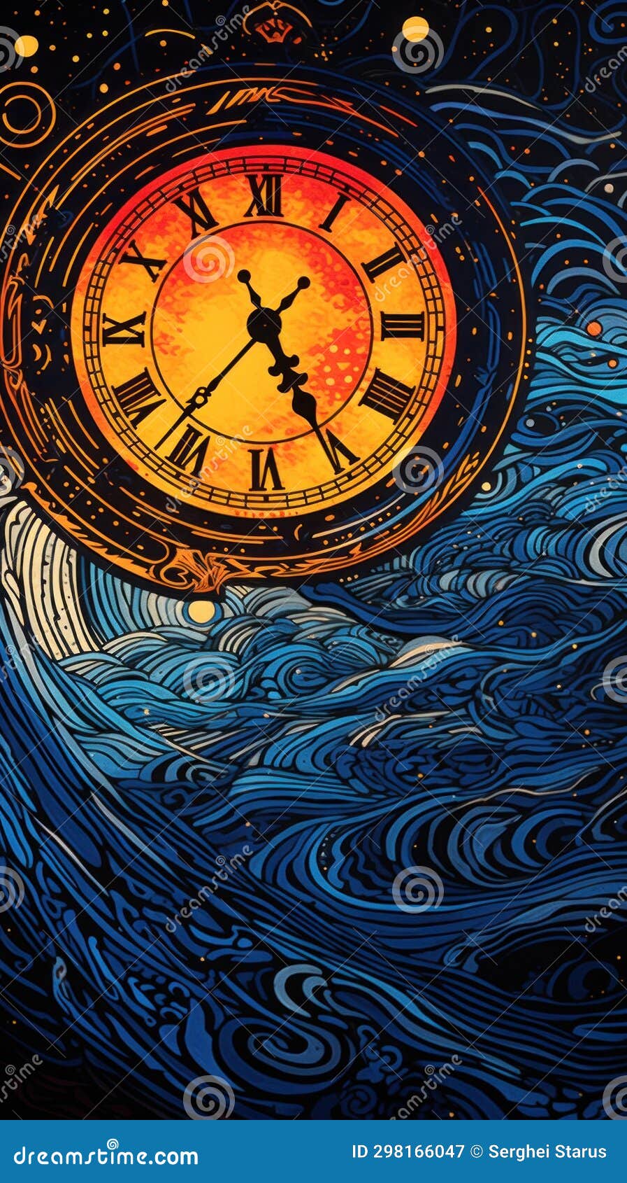 A Clock is on Top of a Wave with Swirls, AI Stock Image - Image of ...